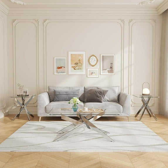 3 Pieces Living Room Table Set, Include 1 Rectangle Glass Coffee Table ...