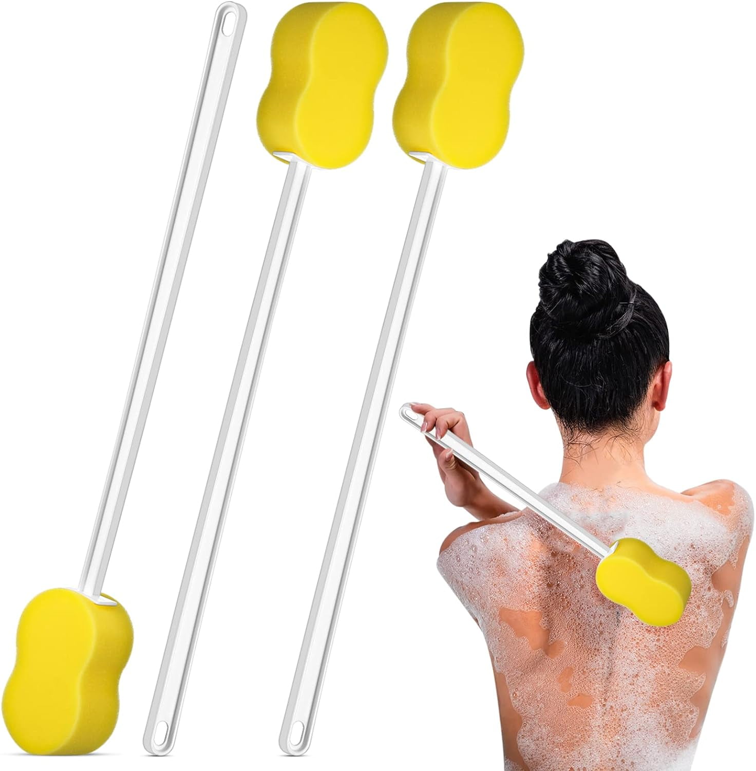 3 Pieces Long Handle Bath Sponge 22.4'' Back Sponge on a Stick ...