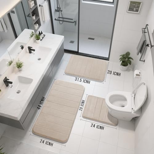 3 Pieces Memory Foam Bath Mat Set with U-Shaped Toilet Rug - Non Slip ...