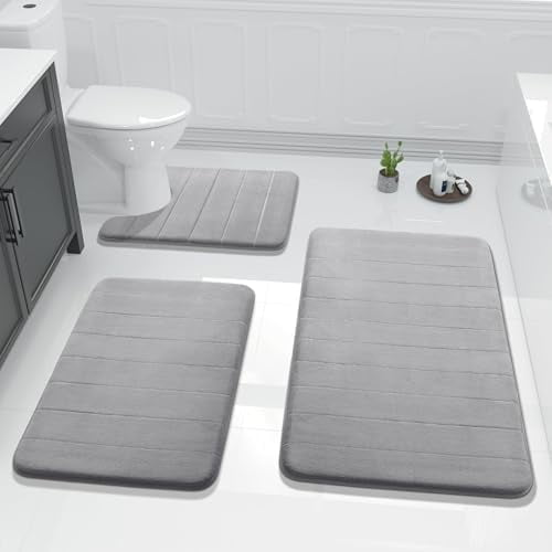 3 Pieces Memory Foam Bath Mat Set with U-Shaped Toilet Rug - Non Slip ...