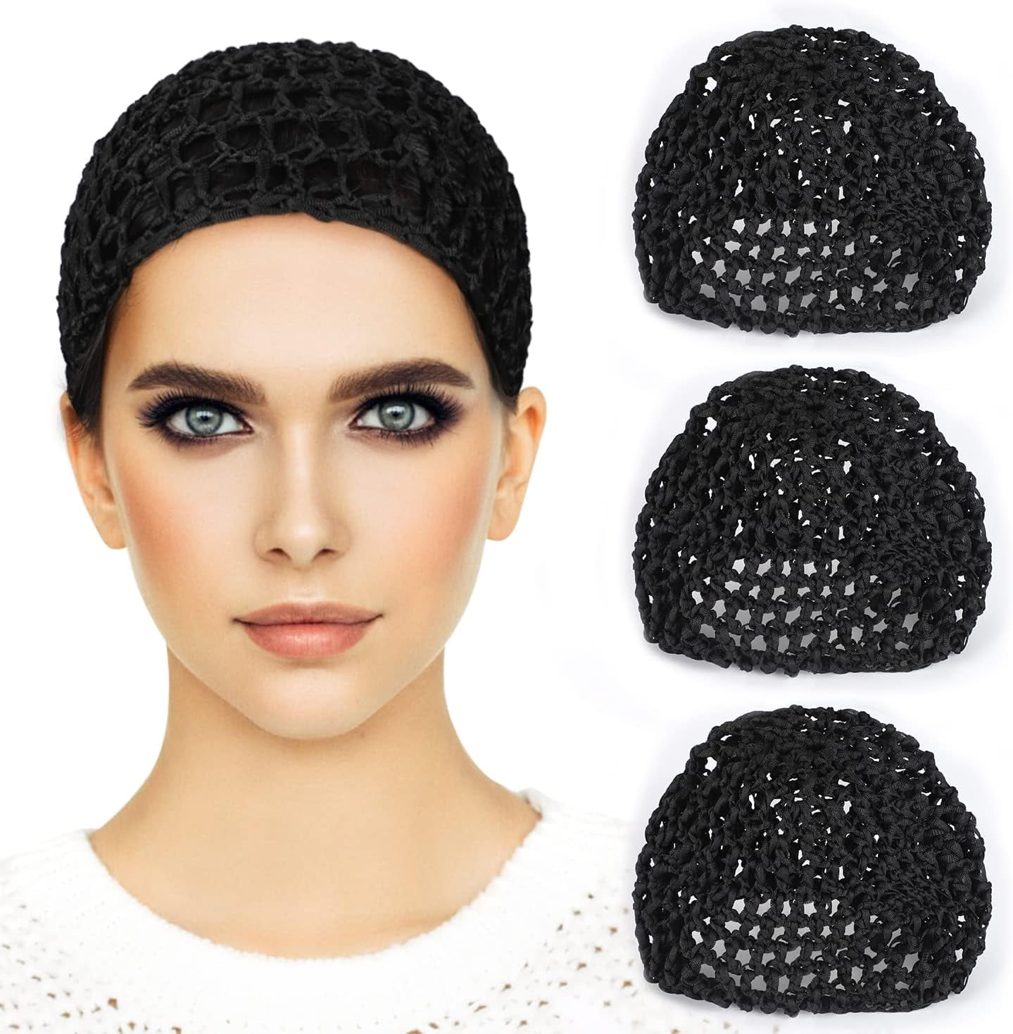 3 Pieces Mesh Crochet Hair Net Snoods for Women, Soft Rayon Knit ...