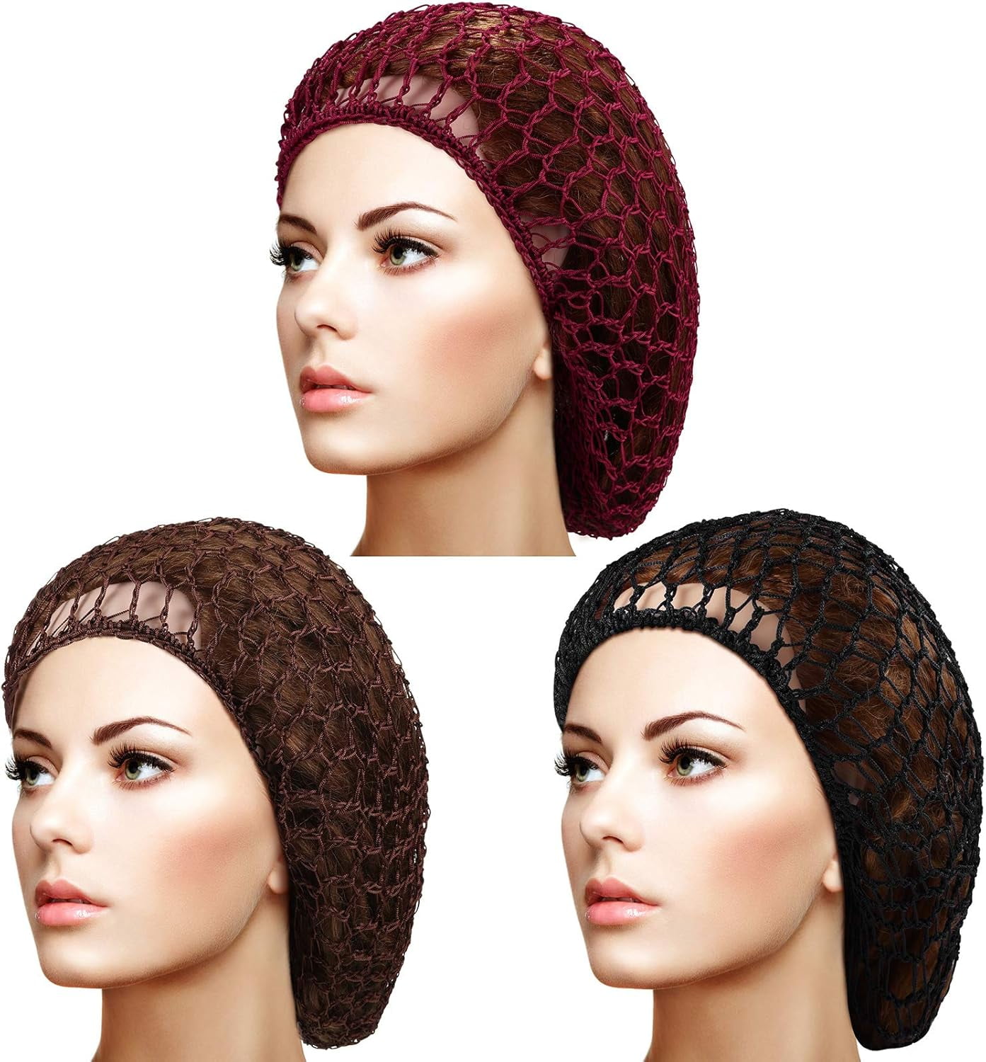 3 Pieces Mesh Hair Net Rayon Crochet Hair Nets Knit Snood Hat Crocheted ...