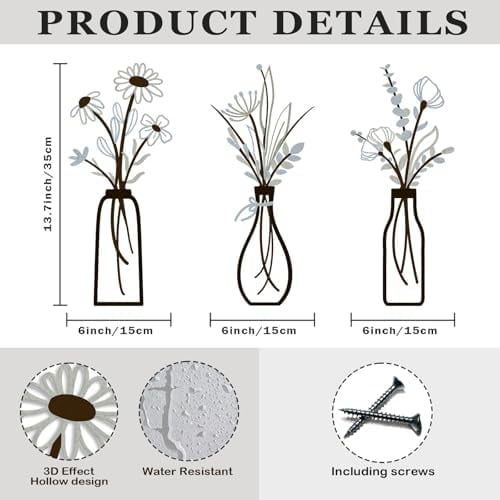 3 Pieces Metal Vase Flowers Wall Arts - Rustic Farmhouse Style Décor ...