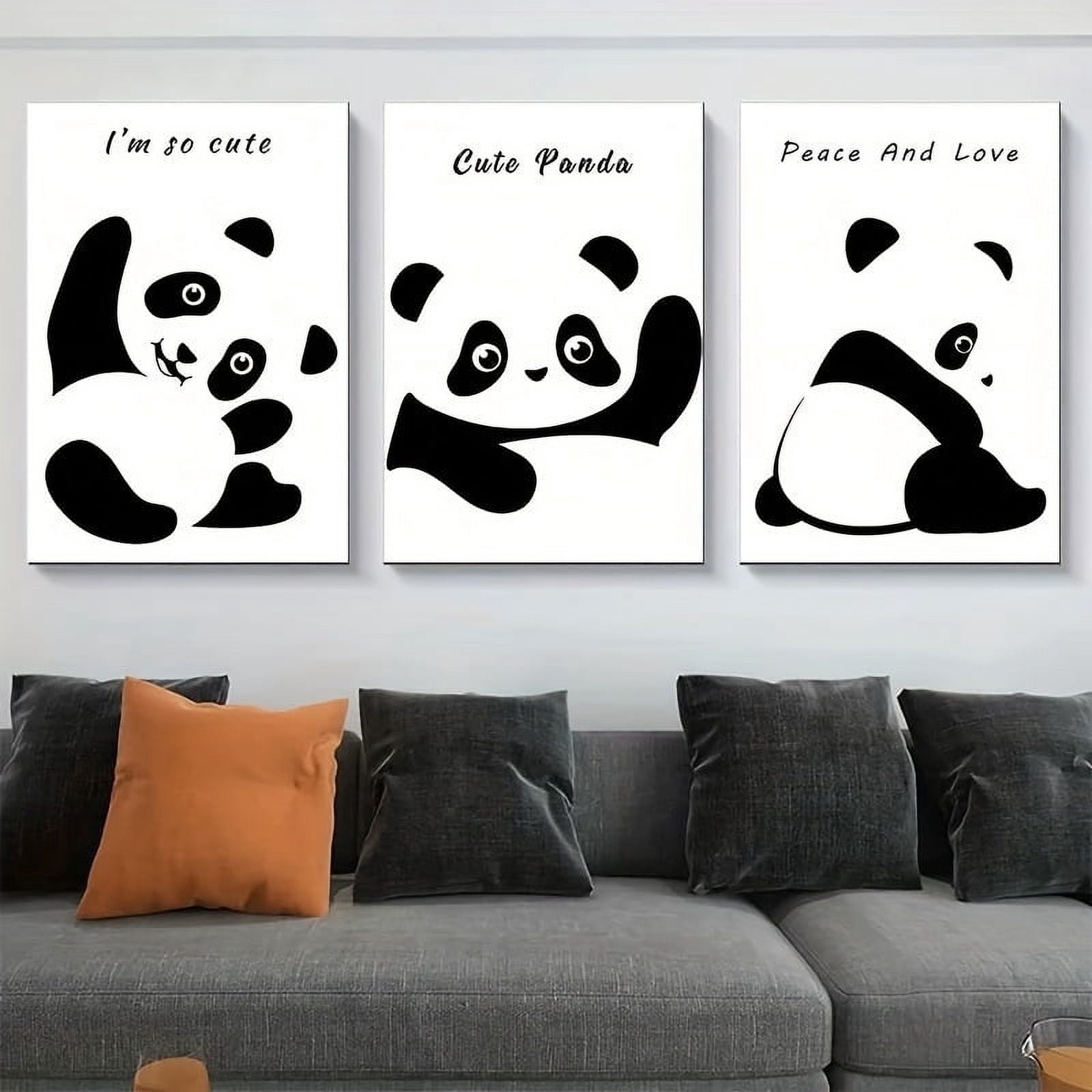 3 Pieces Minimalist Panda Mural Suit, Cartoon Theme Oil Painting Canvas ...