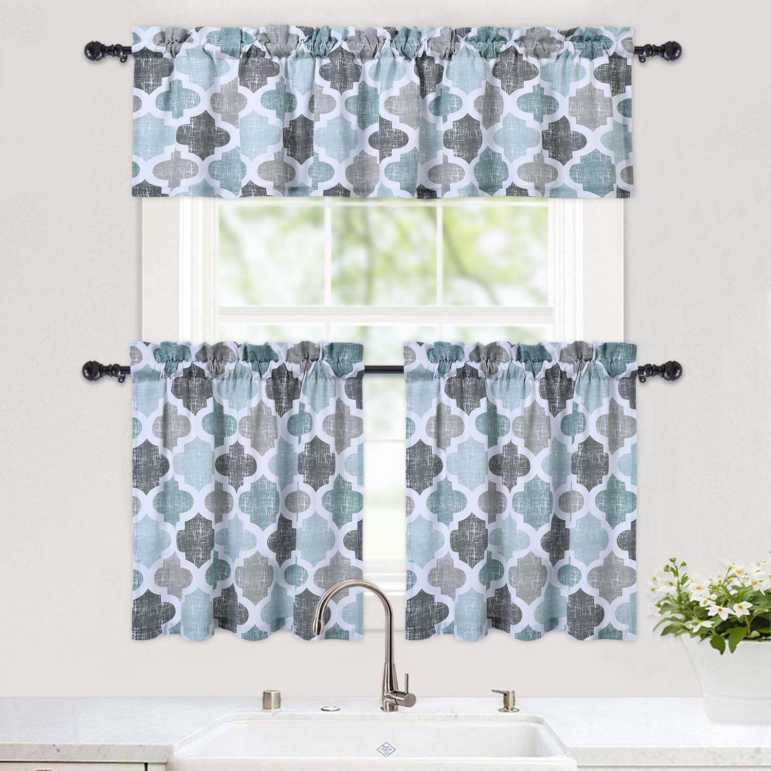 3 Pieces Moroccan Kitchen Curtains Tier & Valance Set, Lattice Pattern ...