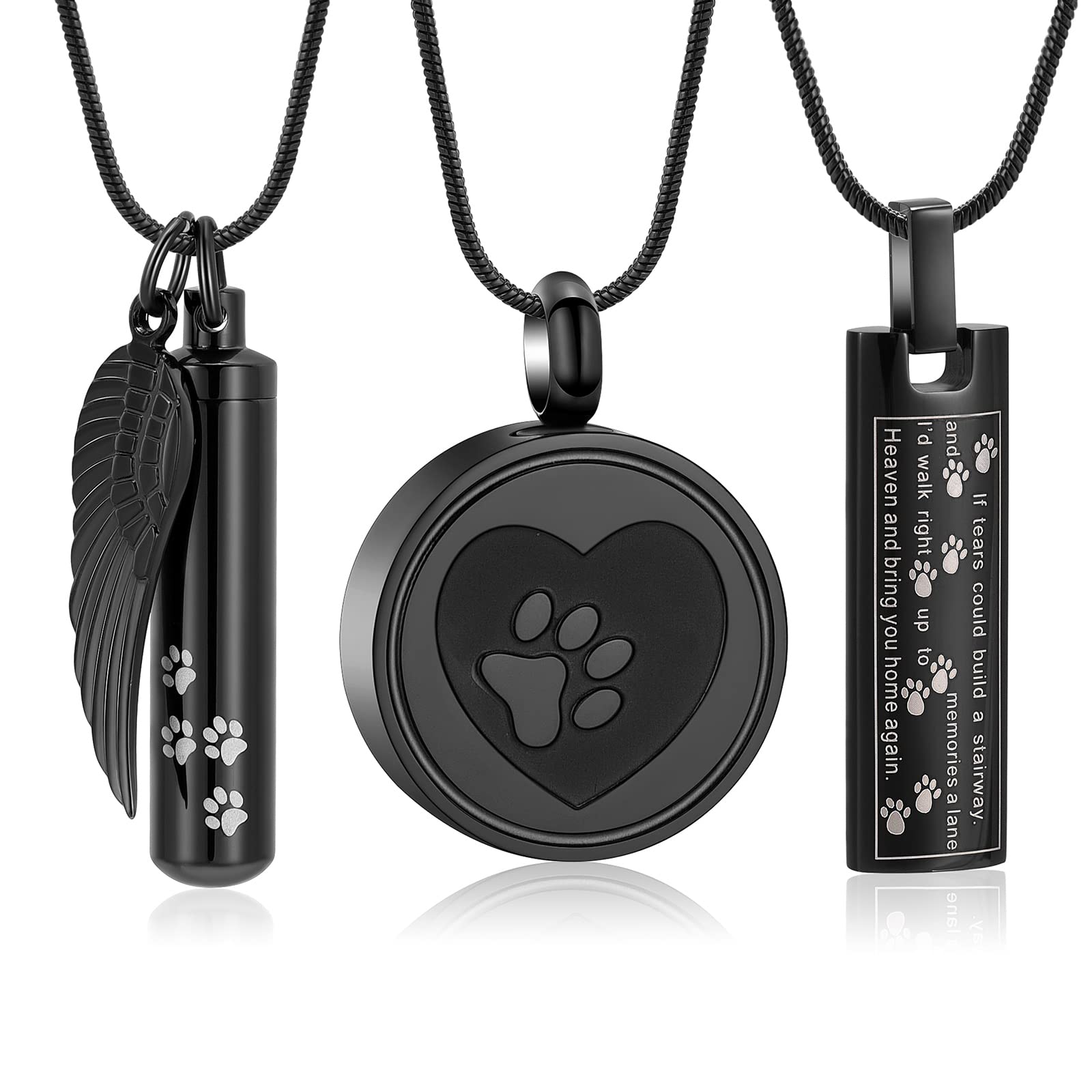 3 Pieces Necklace Pack Paw Print Cylinder with Angel Wing Memorial ...