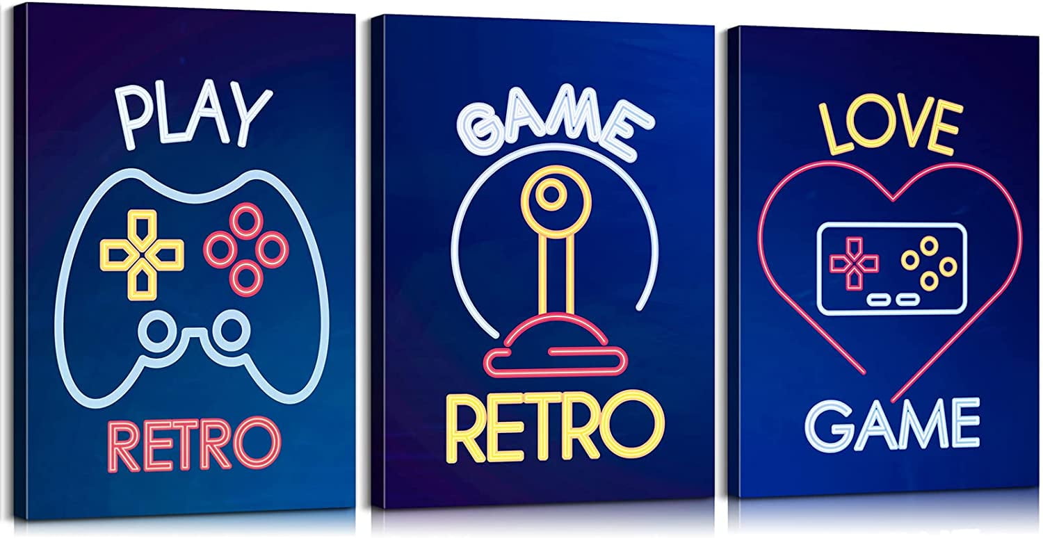 3 Pieces Neon Sign Gaming Decor Play Retro Game Canvas Prints Video ...