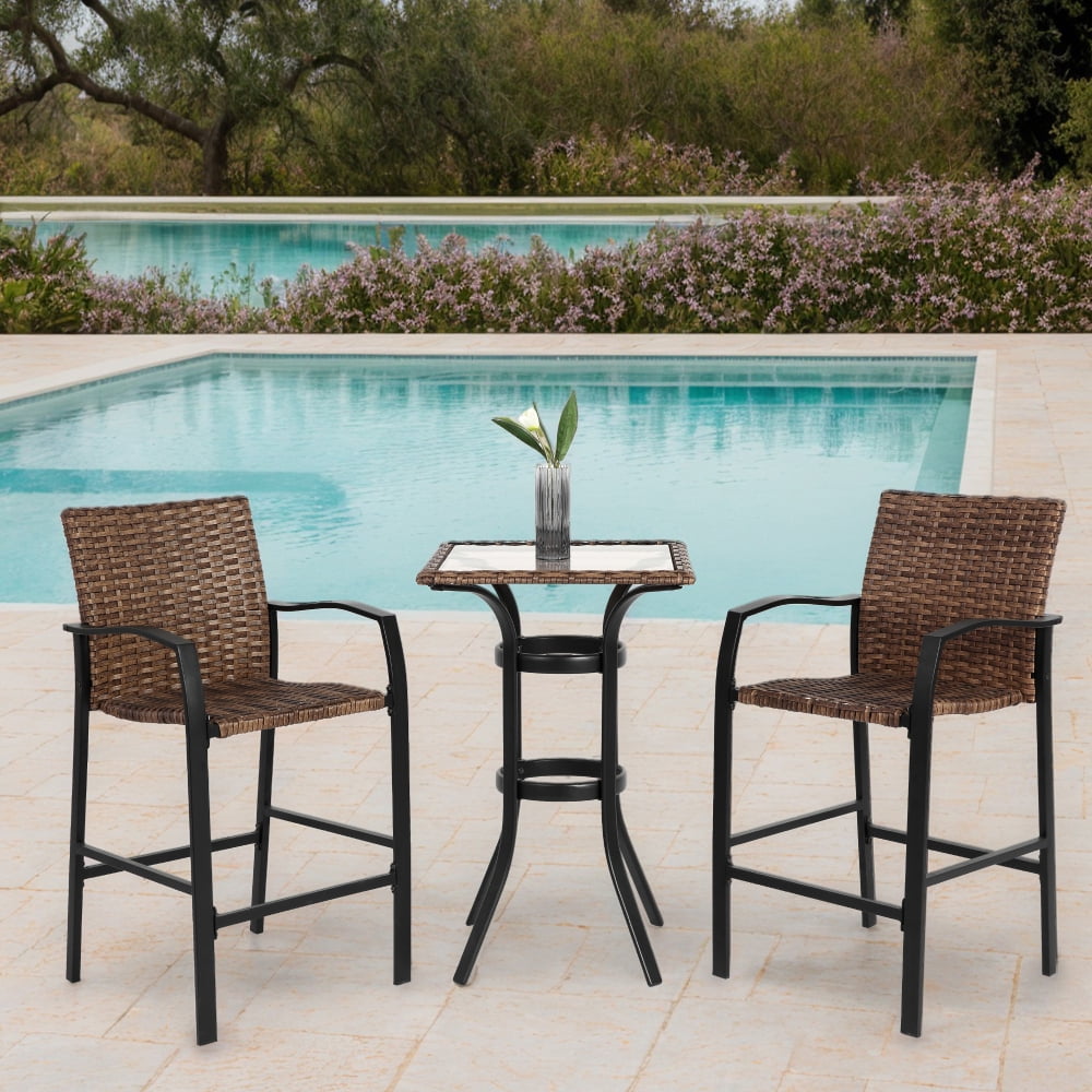 3 Pieces Outdoor Bar Stools Set,Rattan Bar Chairs,with glass table top ...