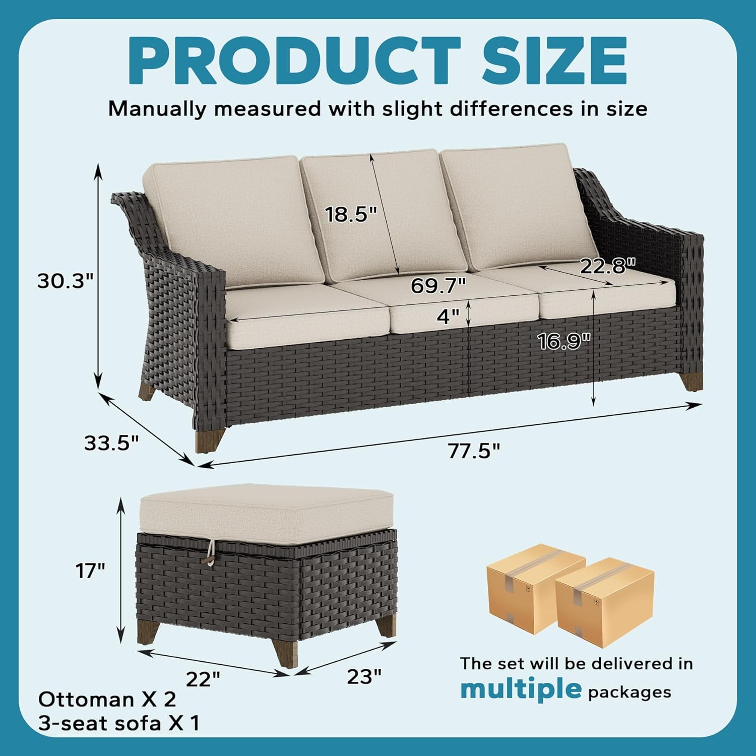 3 Pieces Outdoor Conversation Furniture Set - 77" Sofa, 2 Rattan Wicker ...