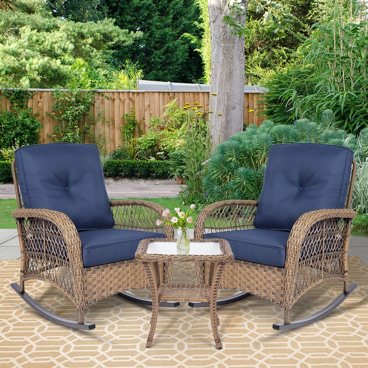 3 Pieces Outdoor Patio Bistro Rocking Chair Set, Rattan Patio Rocker ...