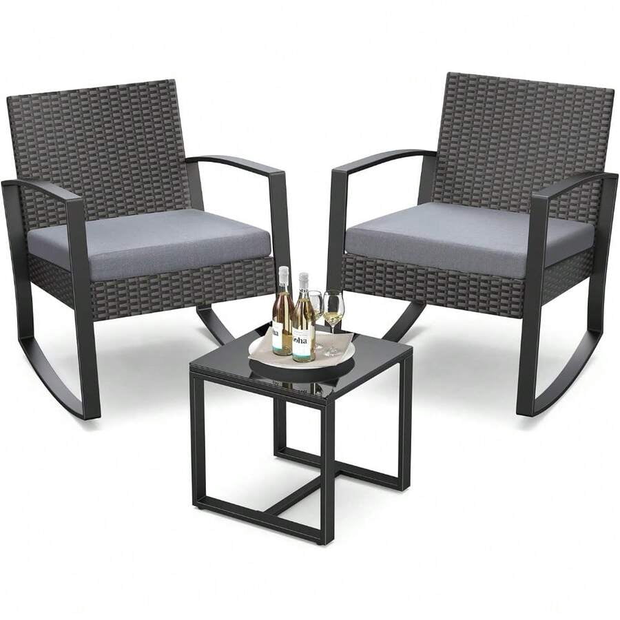 3 Pieces Outdoor Patio Furniture Set Rocking Bistro Set Outdoor Rattan ...