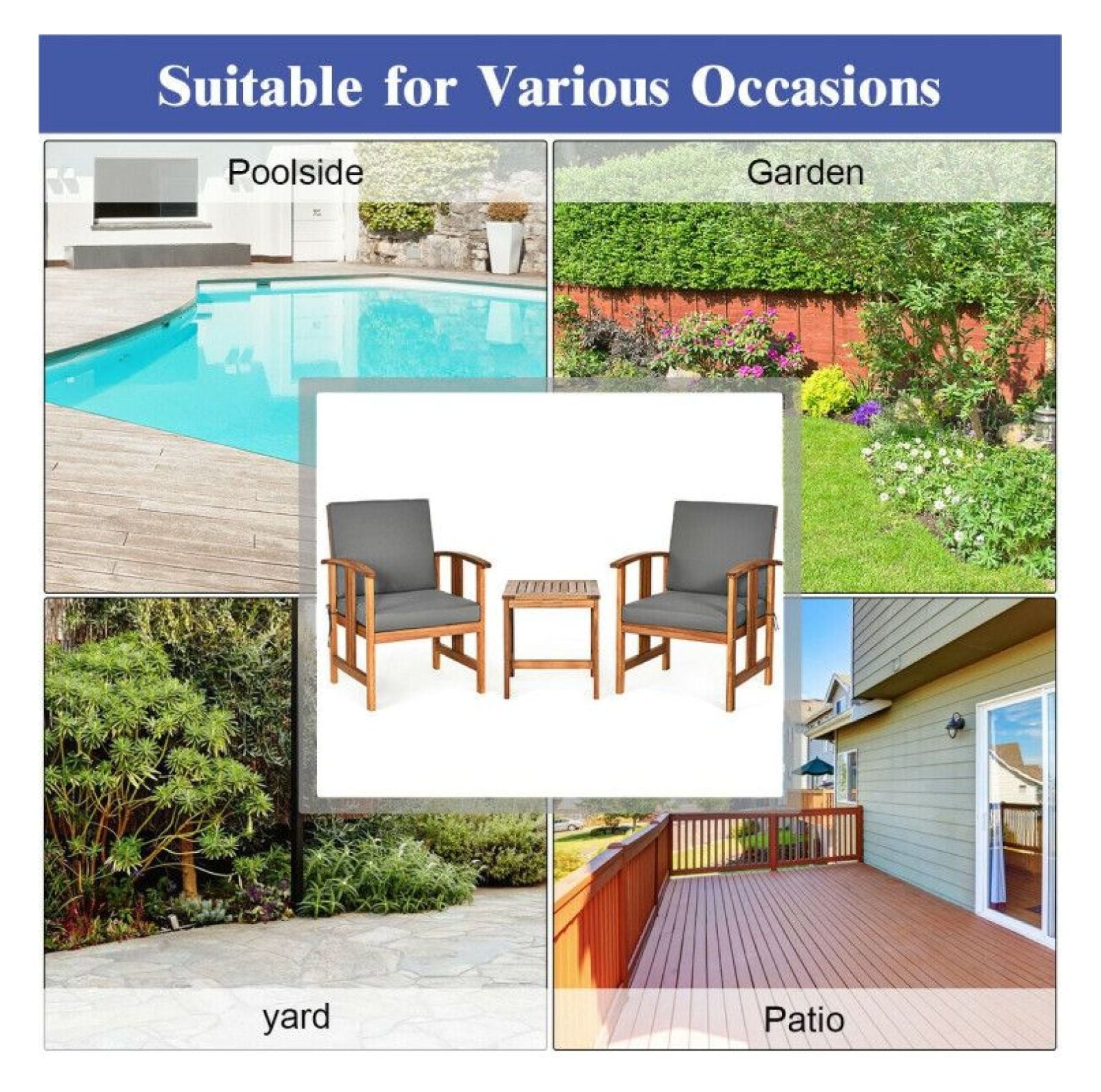 3 Pieces Outdoor Patio Sofa Set, Solid Acacia Wood Furniture for Patio ...