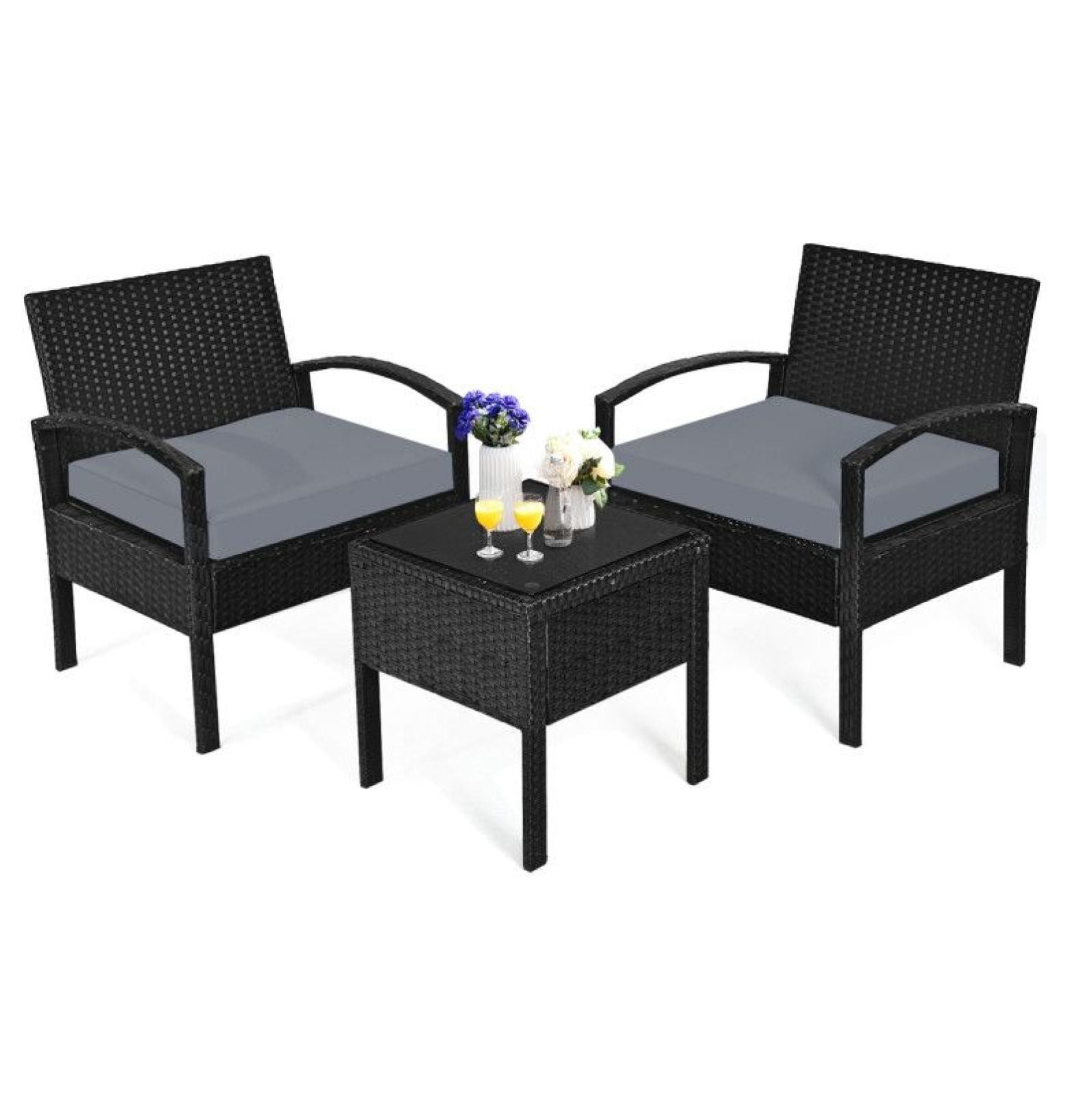 3 Pieces Outdoor Rattan Patio Conversation Set with Cushions - Black ...
