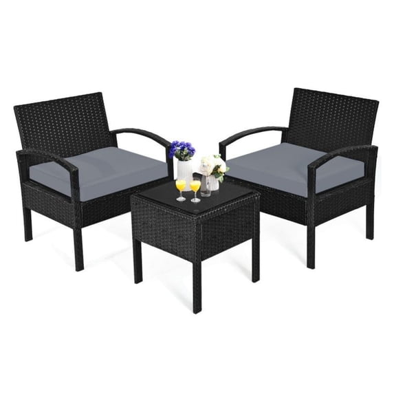 3 Pieces Outdoor Rattan Patio Conversation Set with Cushions - Black ...