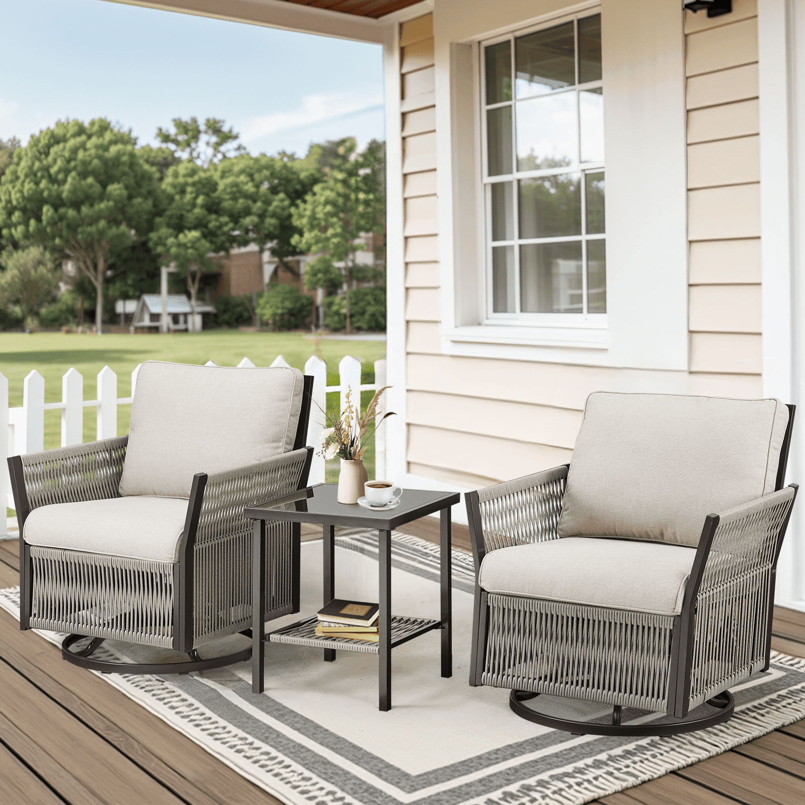 3 Pieces Outdoor Swivel Chair, Wicker Patio Bistro Set with Rocking ...