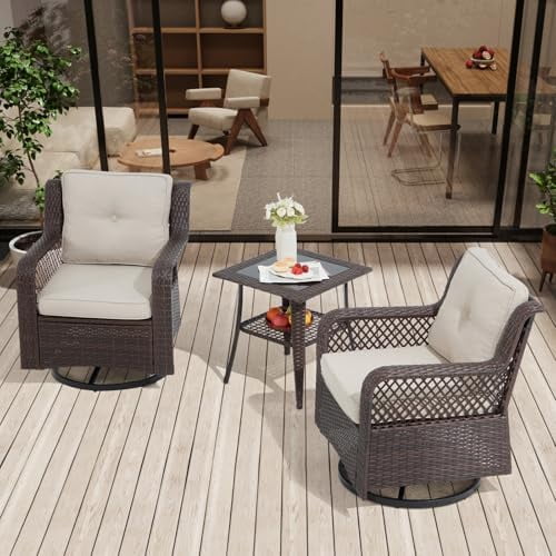 3 Pieces Outdoor Swivel Chair, Wicker Patio Bistro Set with Rocking ...