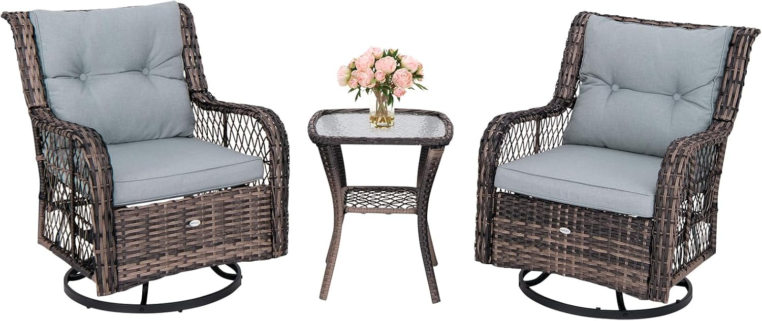 3 Pieces Outdoor Swivel Rocking Bistro Set with Side Table and Soft ...