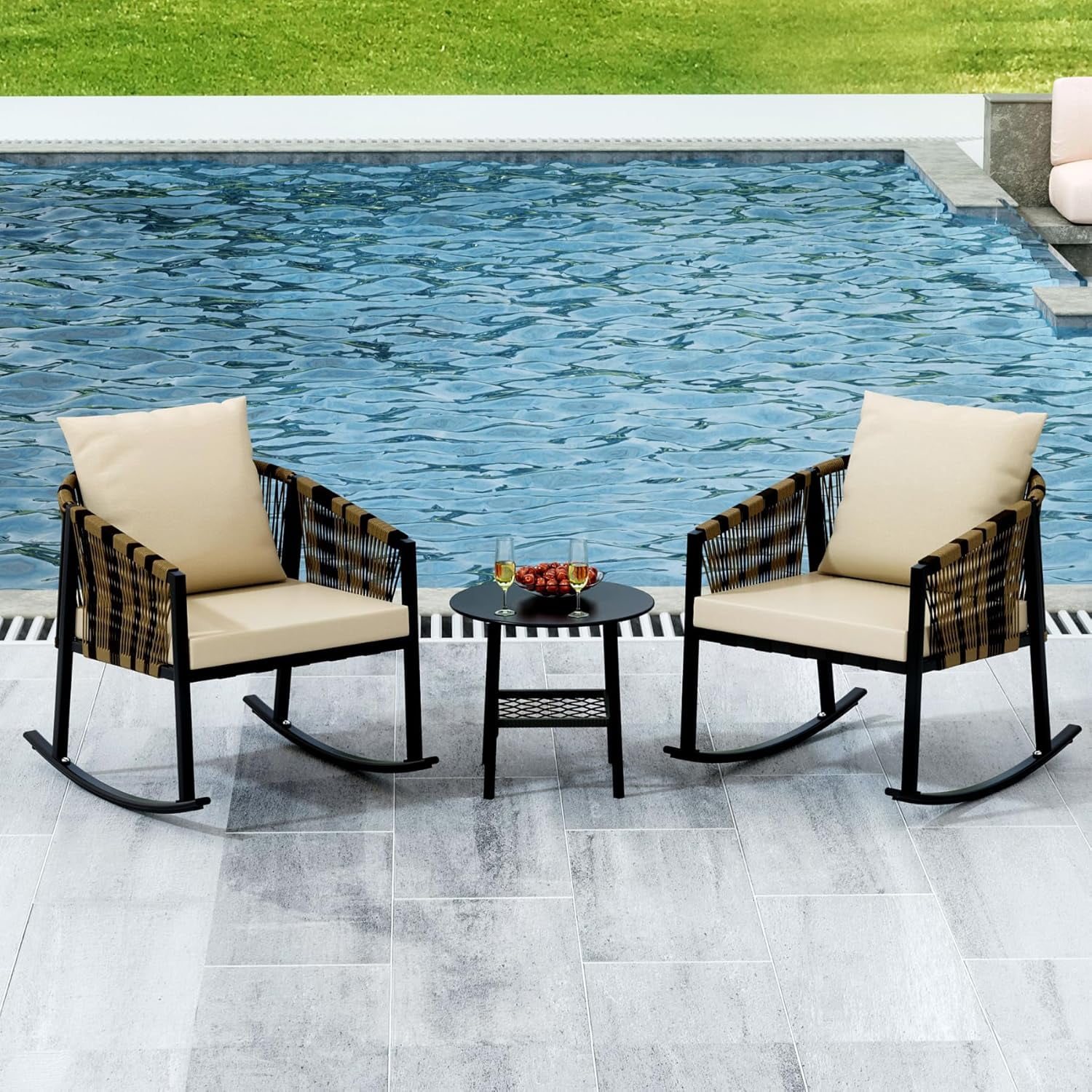 3 Pieces Outdoor Wicker Patio Conversation Set, Rocking Chairs with ...