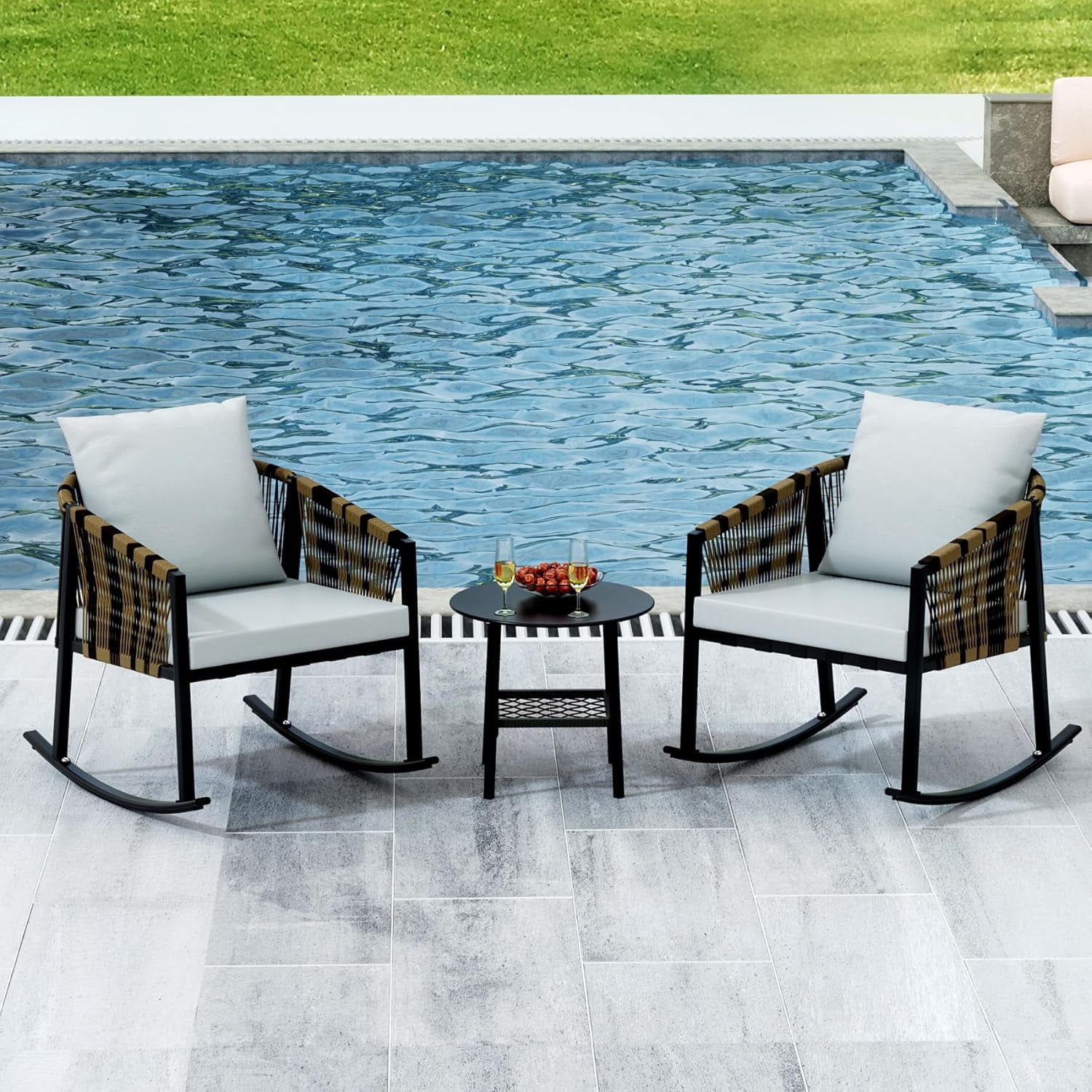3 Pieces Outdoor Wicker Patio Conversation Set, Rocking Chairs with ...