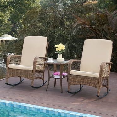 3 Pieces Outdoor Wicker Rocking Chair Set, Wicker Patio Furniture Sets ...