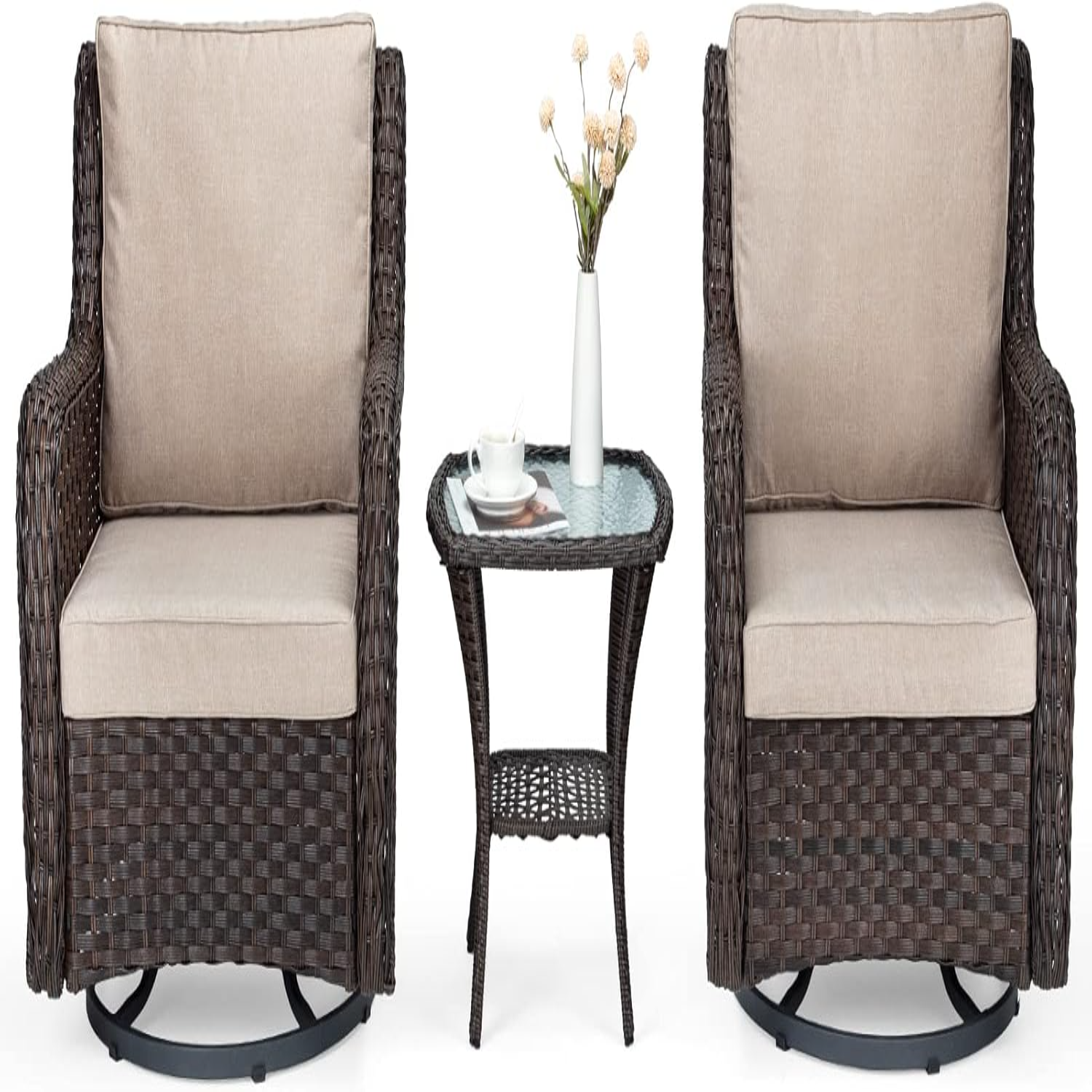 3 Pieces Outdoor Wicker Swivel Rocker Patio Set 360-Degree Swivel ...