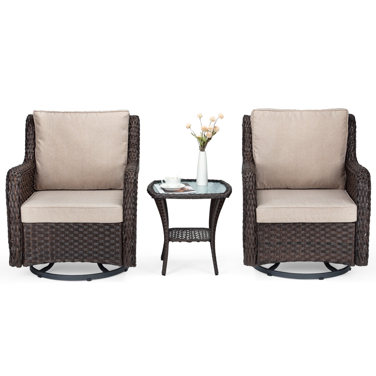 3 Pieces Outdoor Wicker Swivel Rocker Patio Set, IDEALHOUSE 360 Degree ...