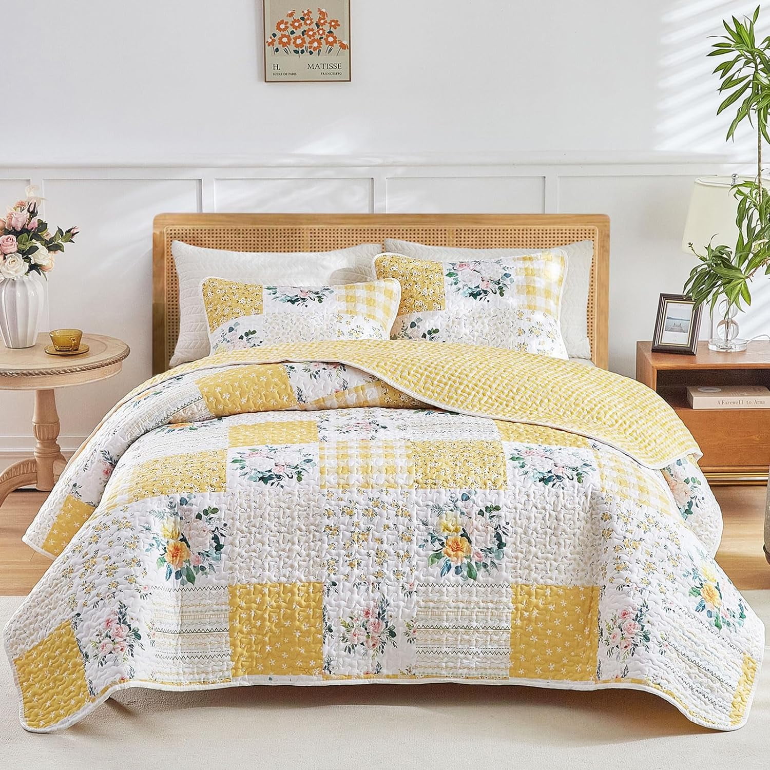 3 Pieces Patchwork Quilt Set California King, 102x114 inches- Yellow n ...