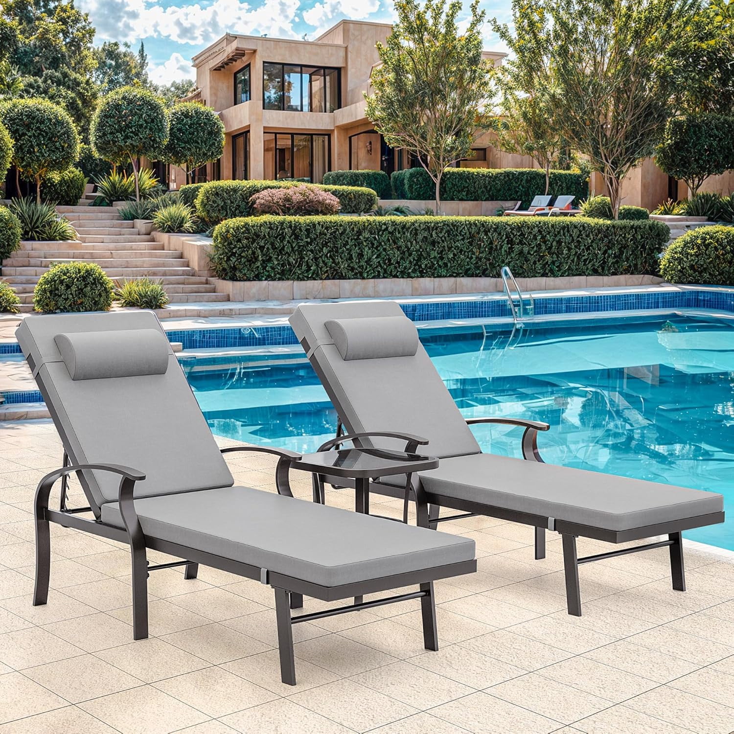 3 Pieces Patio Chaise Lounger,Aluminum Outdoor Loungers with Adjustable ...