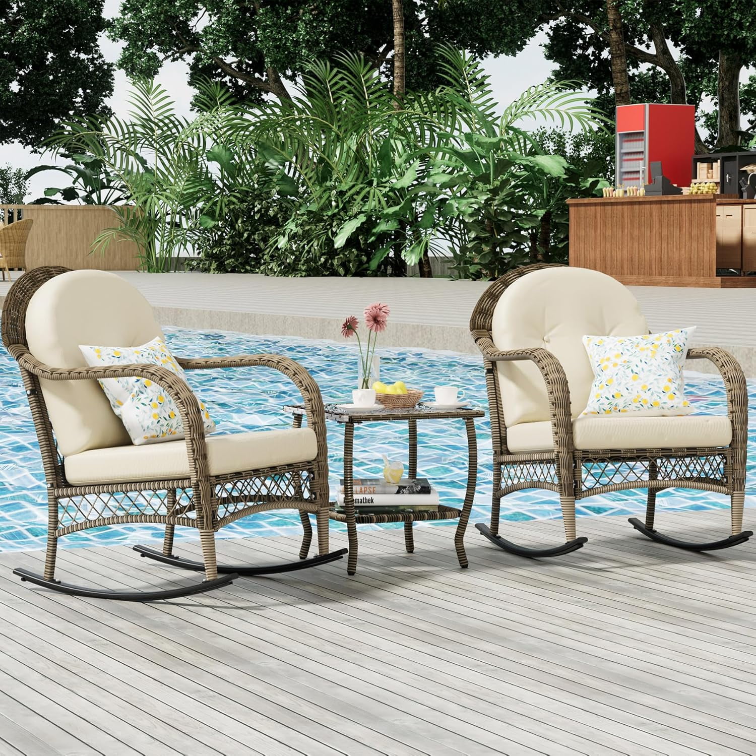 3 Pieces Patio Conversation Set, Lounge Rocking Chair with Cushion and ...