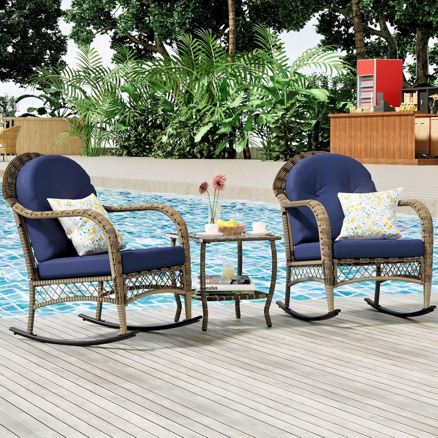 Backyard Bistro Set 3-Piece Patio Conversation Set - Wicker Rocking ...