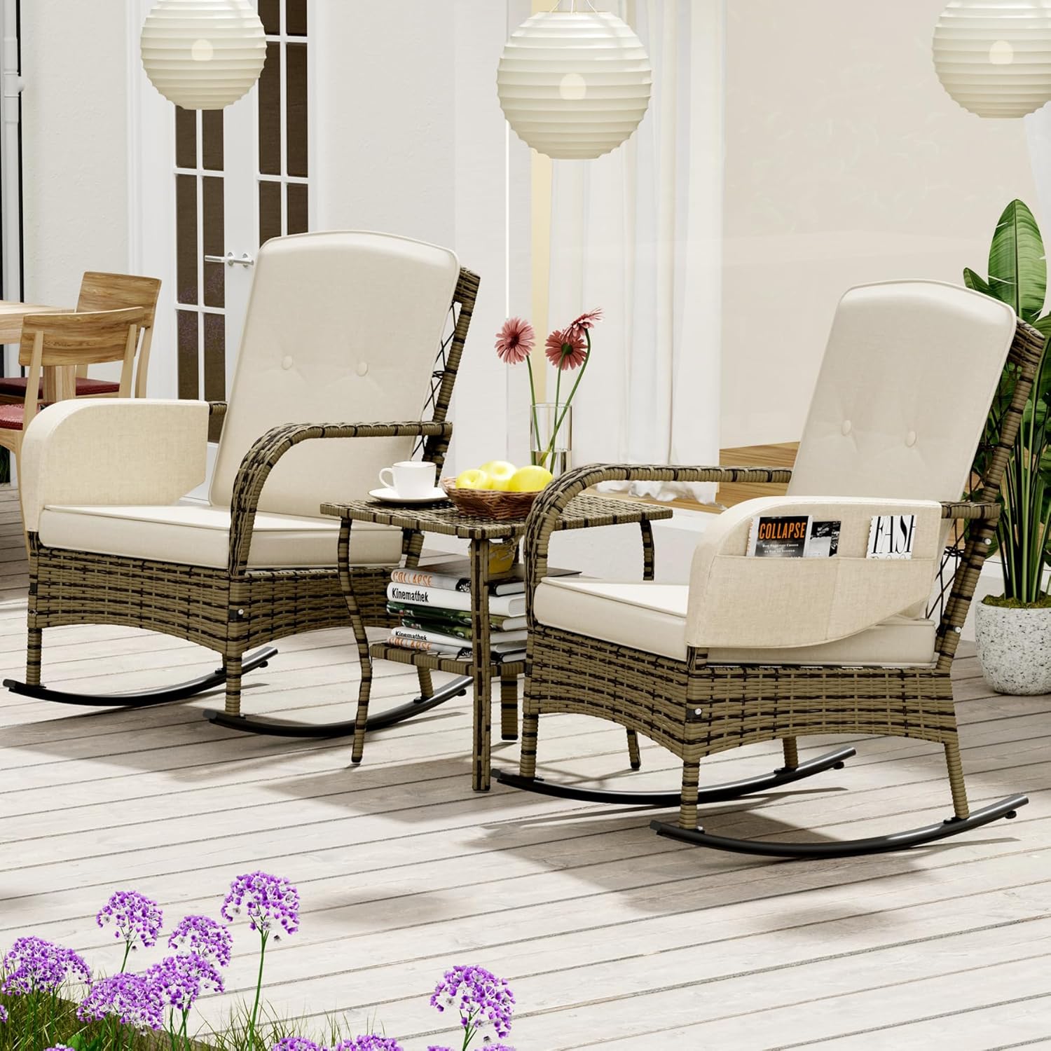 3 Pieces Patio Conversation Set, Outdoor Rocking Chair, Wicker Bistro ...