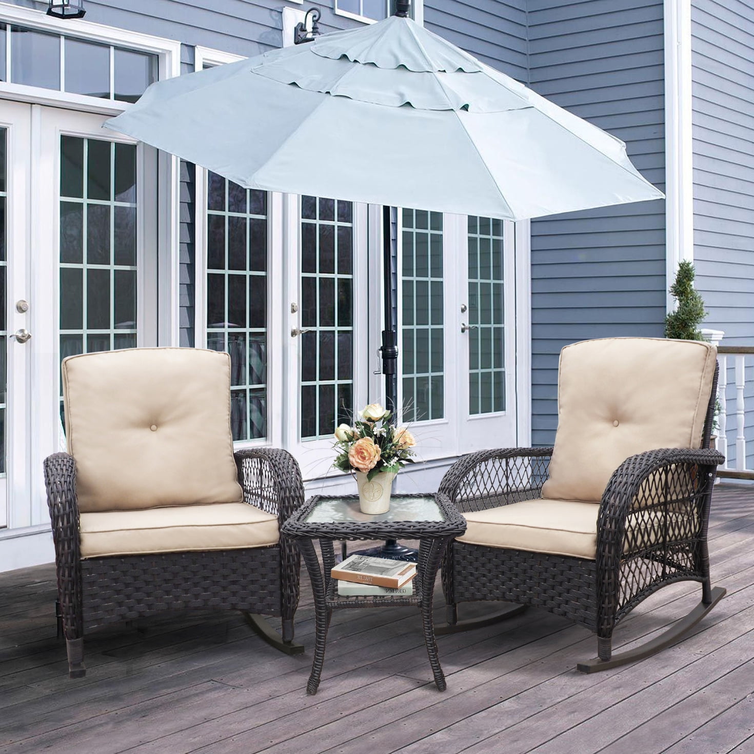 3 Pieces Patio Conversation Set,Outdoor Wicker Rocker Patio Bistro Set ...
