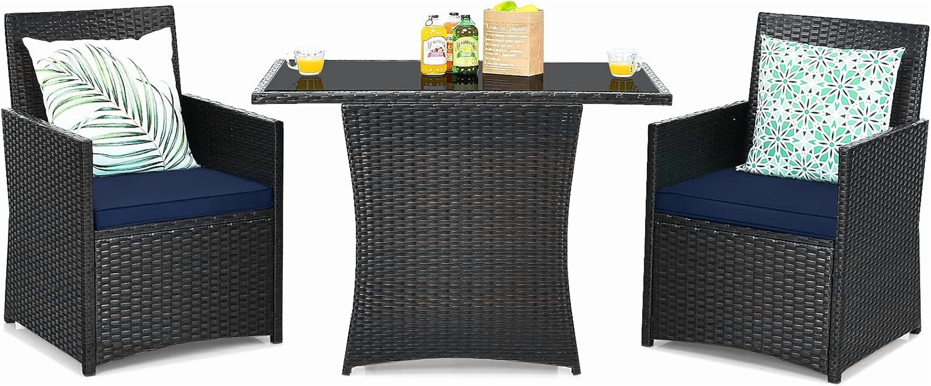3 Pieces Patio Dining Set, Space-Saving PE Rattan Bistro Set with Tempered Glass Top Table and ...