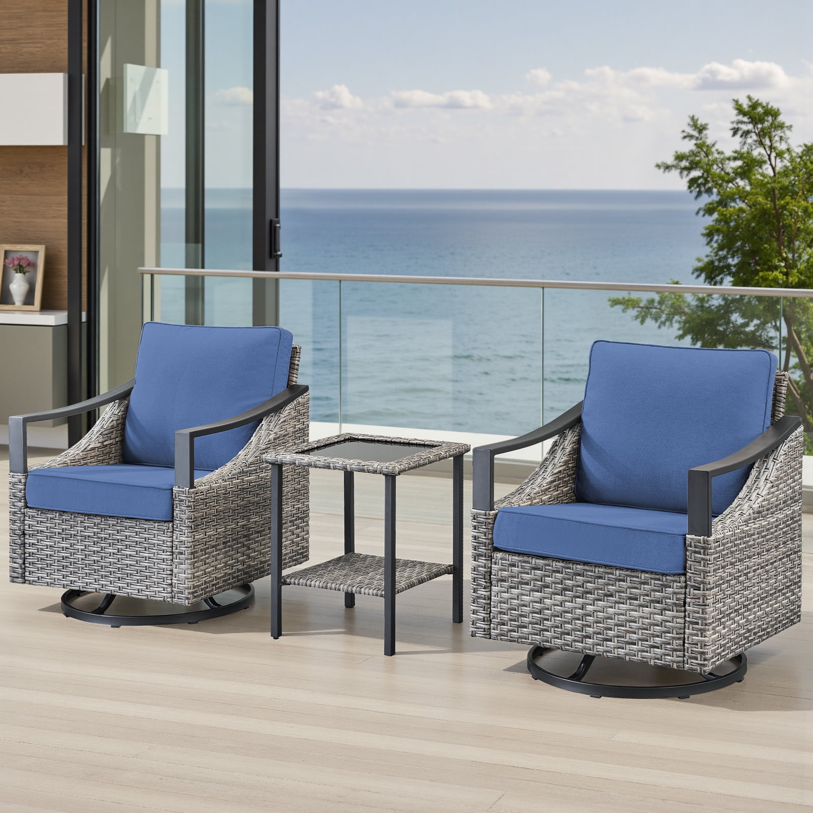 3 Pieces Patio Furniture Set, Outdoor Swivel Glider Rocker, Wicker ...