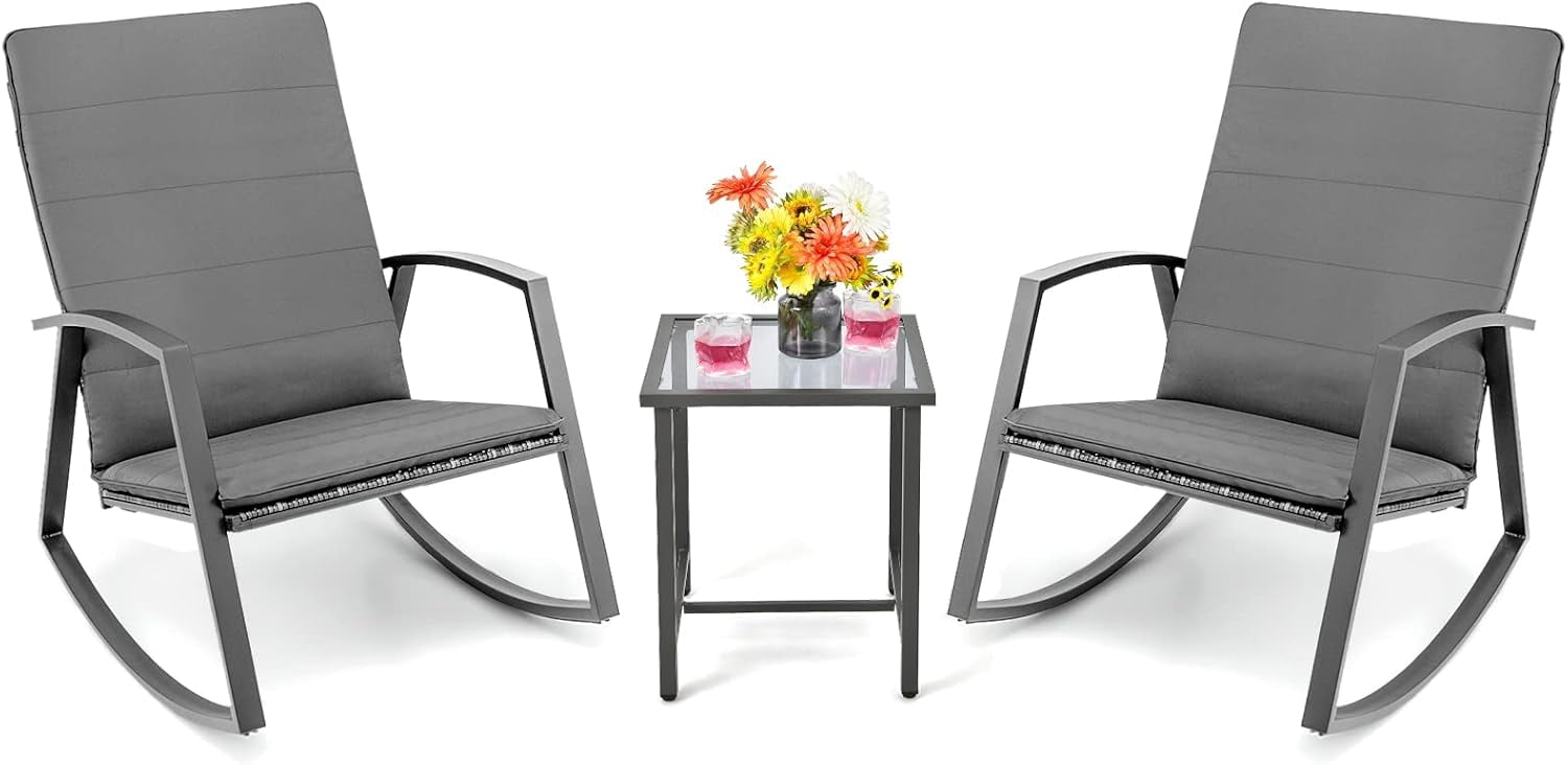 3 Pieces Patio Rocking Bistro Set, PE Rattan Rocking Chairs with ...