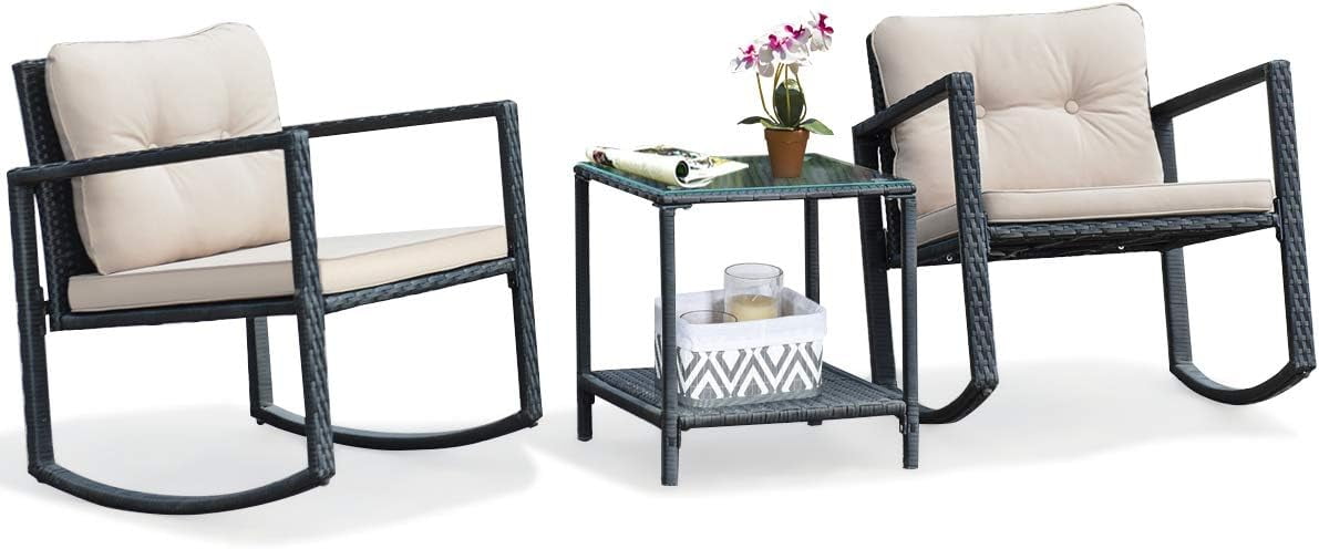 3 Pieces Patio Wicker Rocking Set, Outdoor Rocking Chairs and Table Set ...