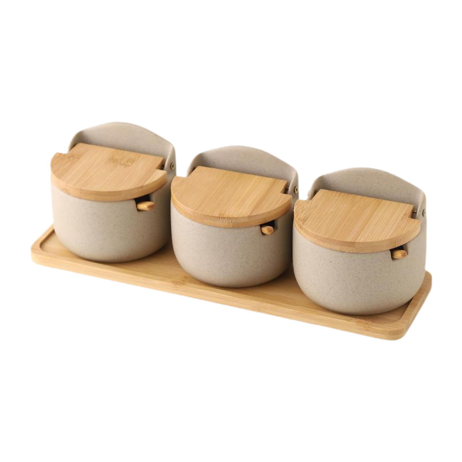 3 Pieces Porcelain Sugar Bowl Condiment Jar Spice Container Bamboo Lid ...
