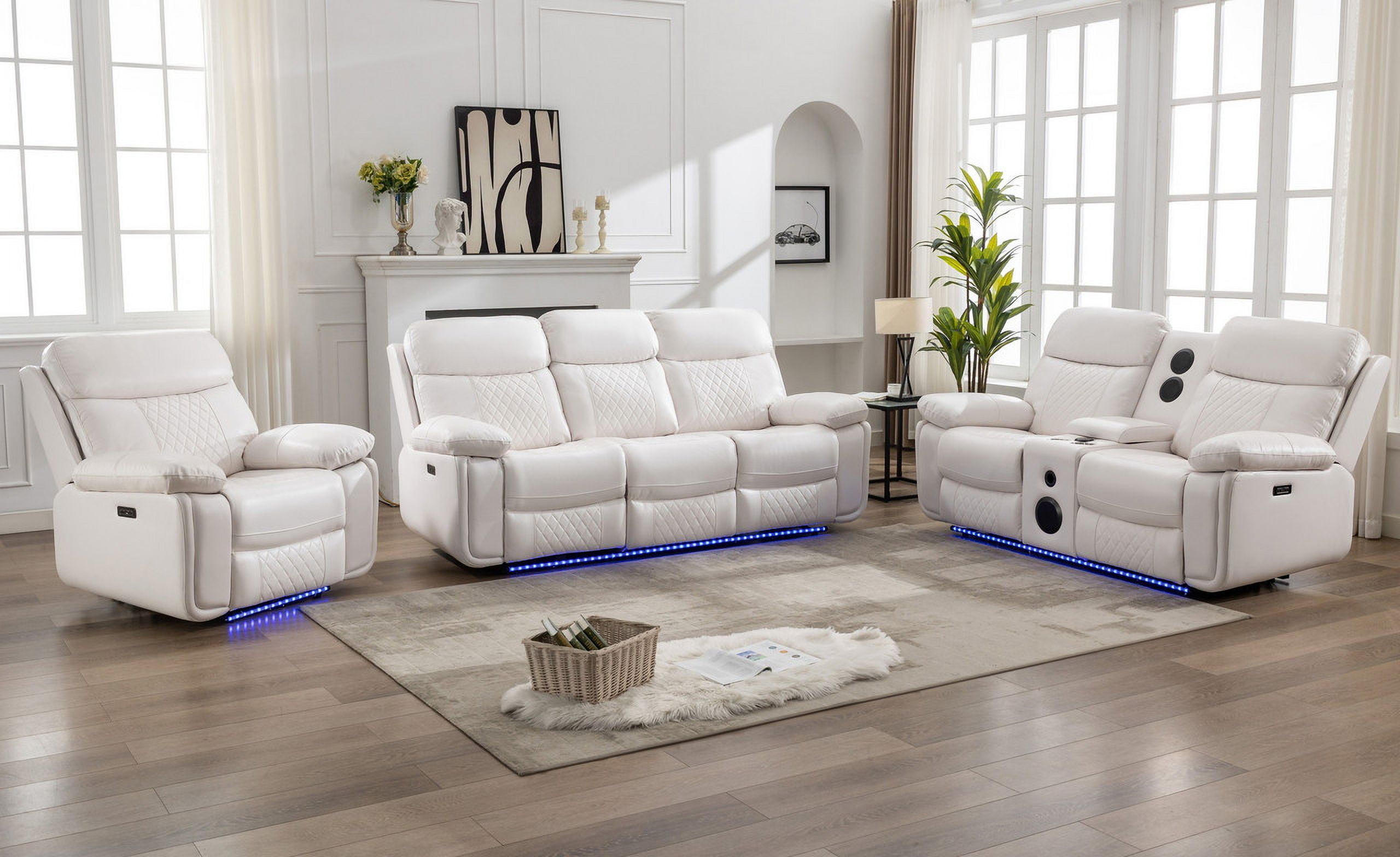 3 Pieces Power Recliner Chair Sectional Sets,White Faux Leather 3 ...