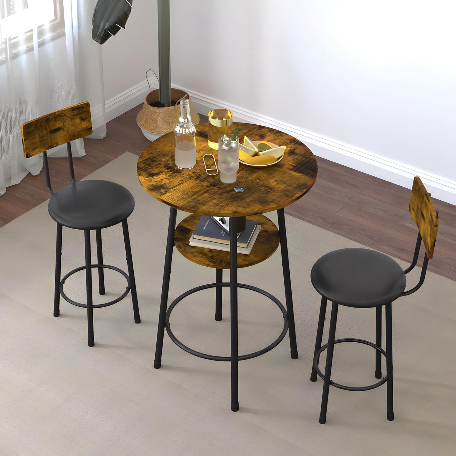 3 Pieces Pub Table and Chairs Set, Bar Table with Stools, Cafe Table ...