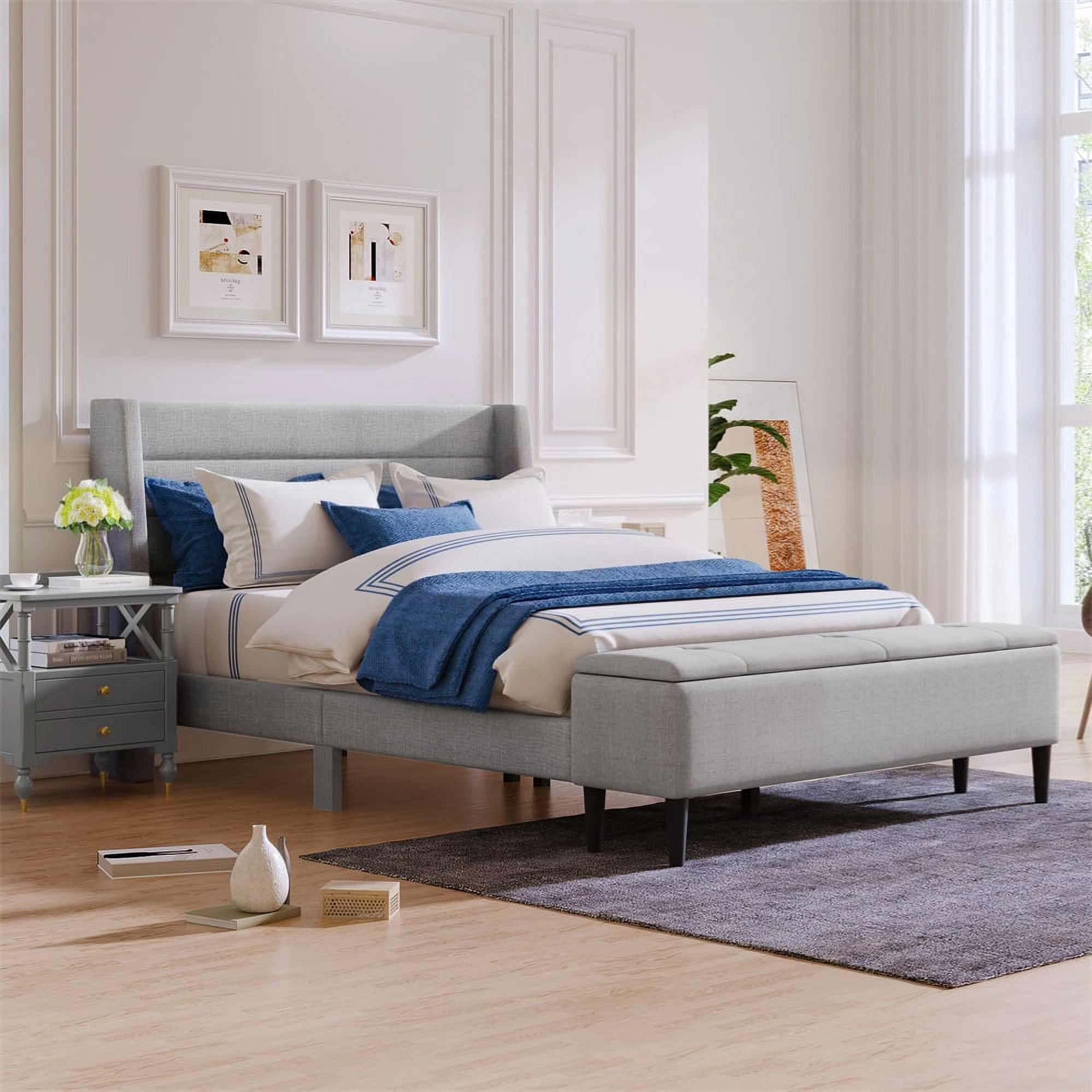 3 Pieces Queen Bedroom Set, Upholstered Bed with Storage Ottoman Bench ...