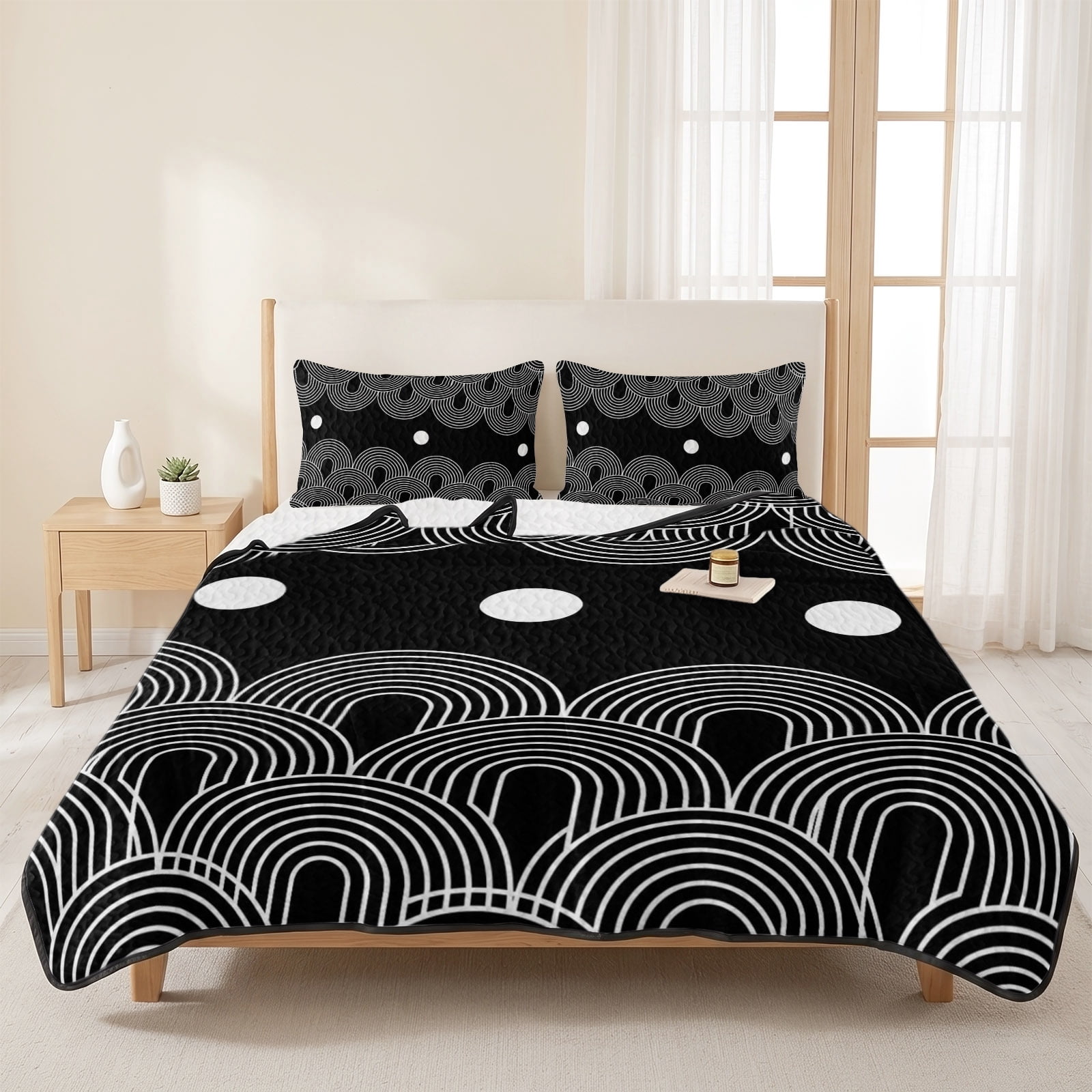 3 Pieces Queen Quilt Set,Abstract Lines Art Black and White Soft ...