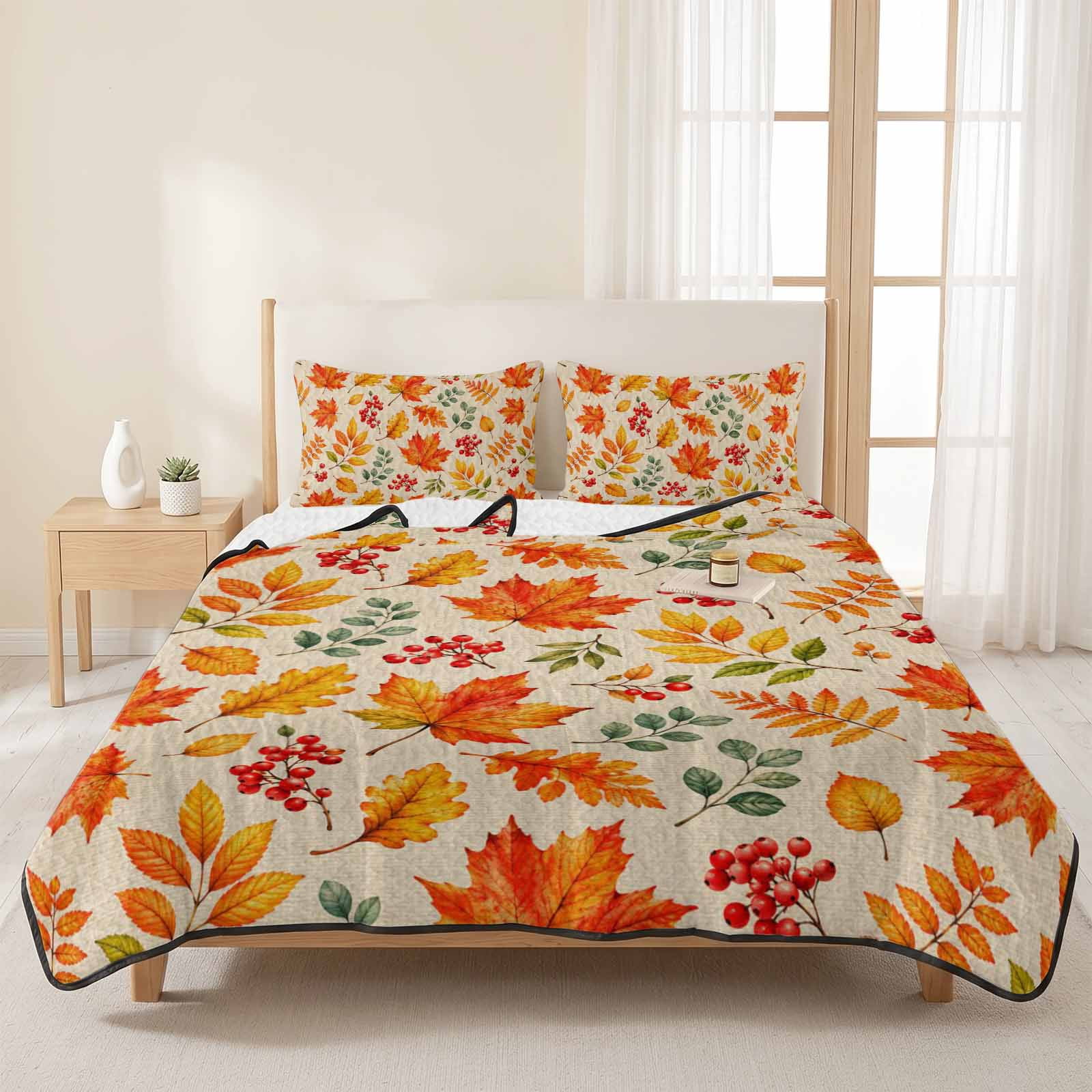 3 Pieces Queen Quilt Set,Autumn Orange Maple Leaves Seamless Soft ...