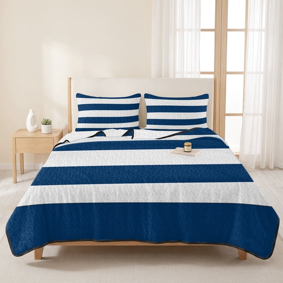3 Pieces Queen Quilt Set,Blue White Stripes Color Block Geometric Soft ...