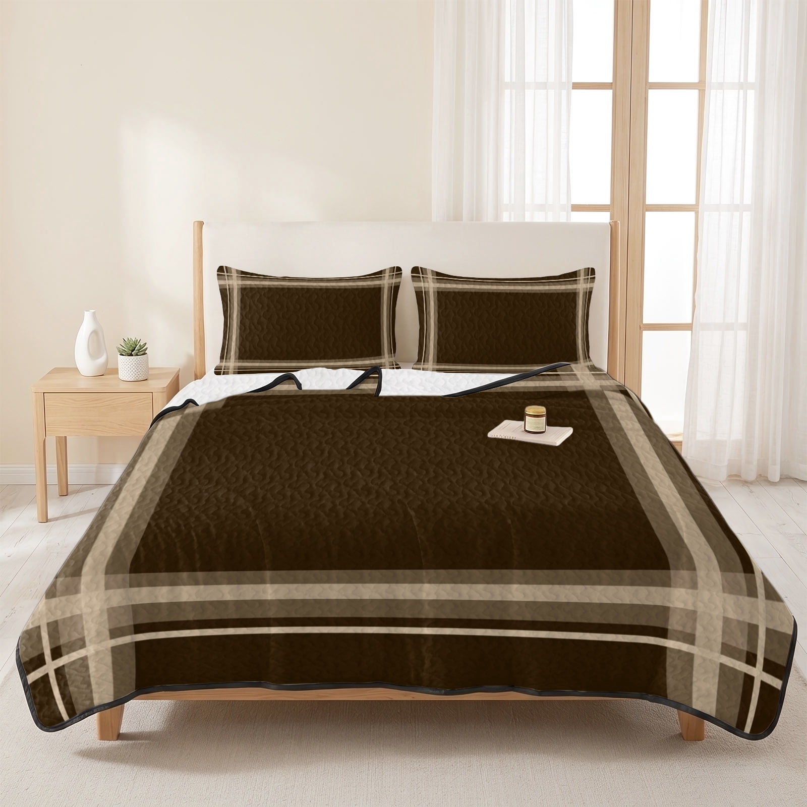 3 Pieces Queen Quilt Set,Brown and Beige Plaid Soft Bedding Sets with 1 ...