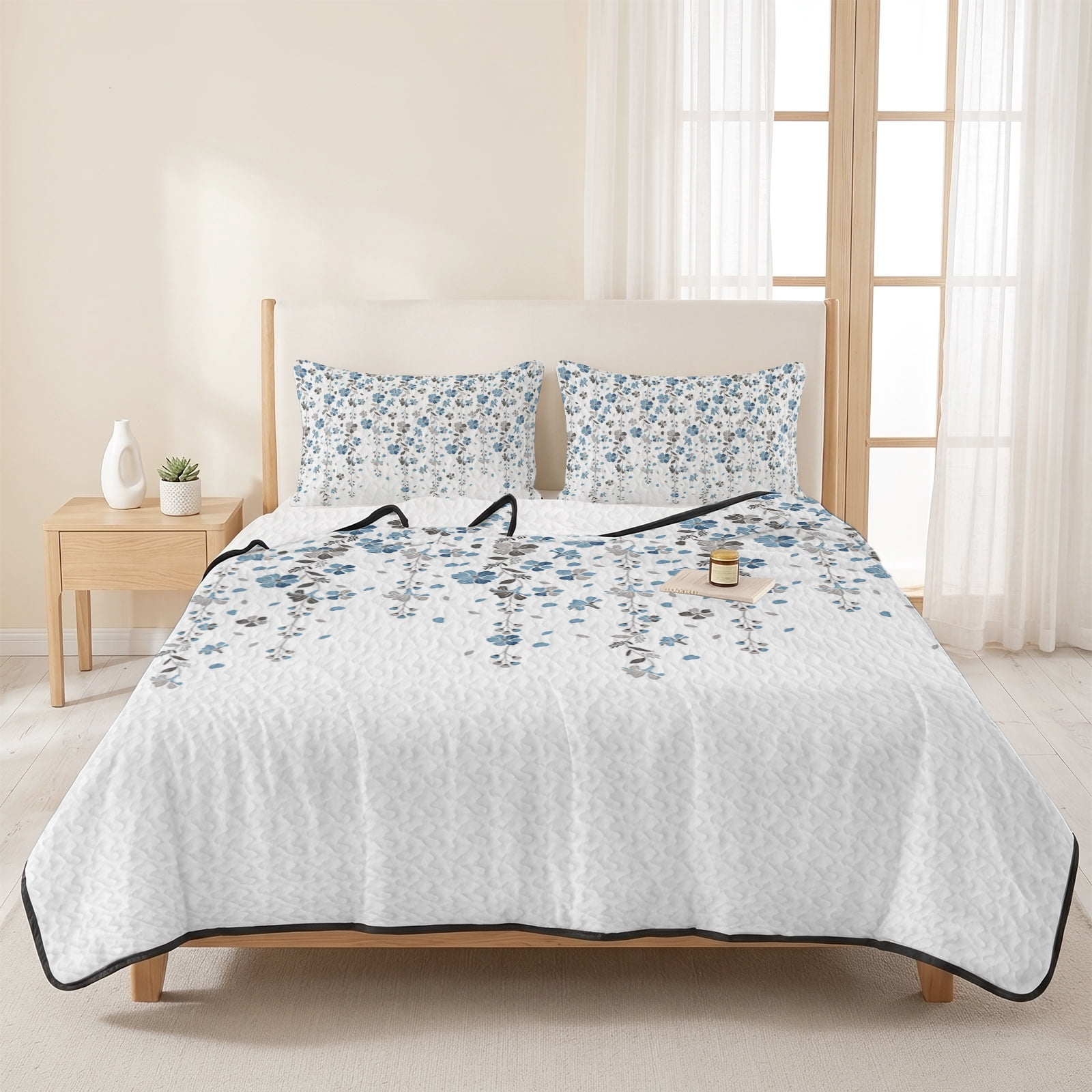 3 Pieces Queen Quilt Set,Country Blue Leaves Vines Seamless Soft ...