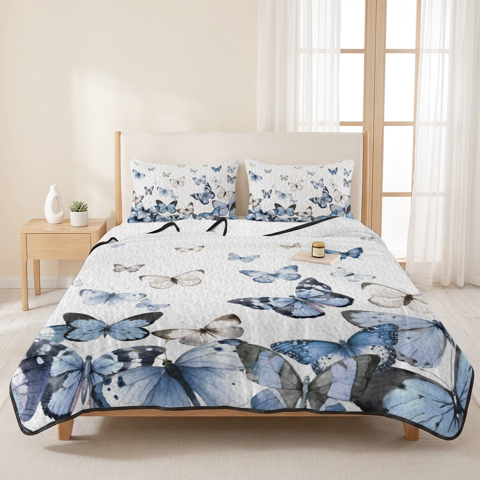 3 Pieces Queen Quilt Set,Country Ombre Butterfly White Soft Bedding ...