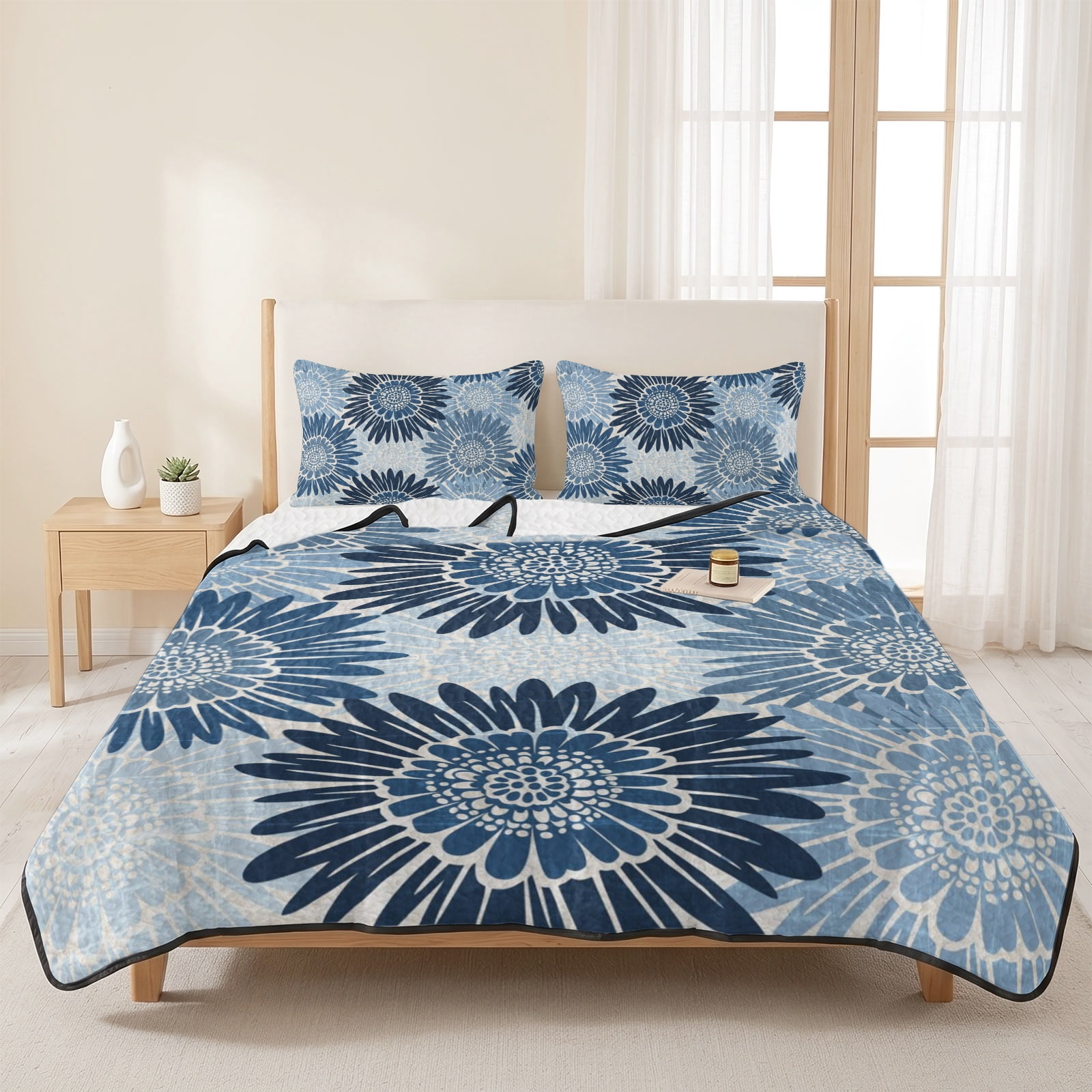 3 Pieces Queen Quilt Set,Farm Blue Sunflowers Soft Bedding Sets with 1 ...