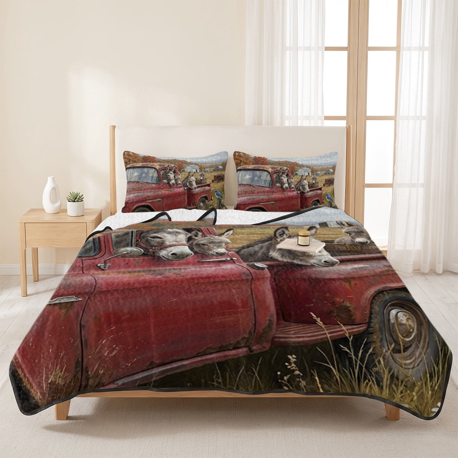3 Pieces Queen Quilt Set,Farmhouse Donkey Barn Truck Soft Bedding Sets ...