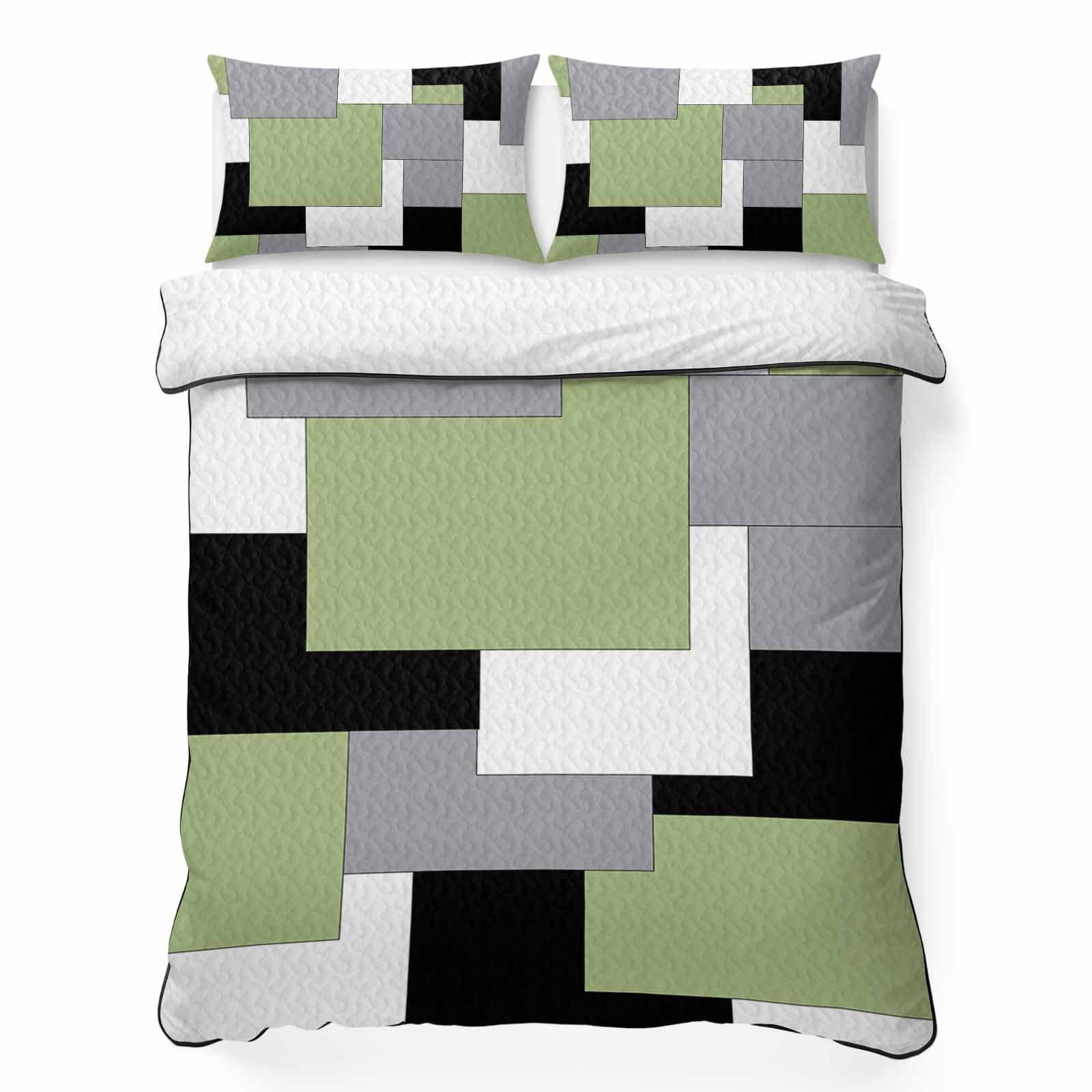 3 Pieces Queen Quilt Set,Geometric Color Blocks Green White Grey Plaid ...