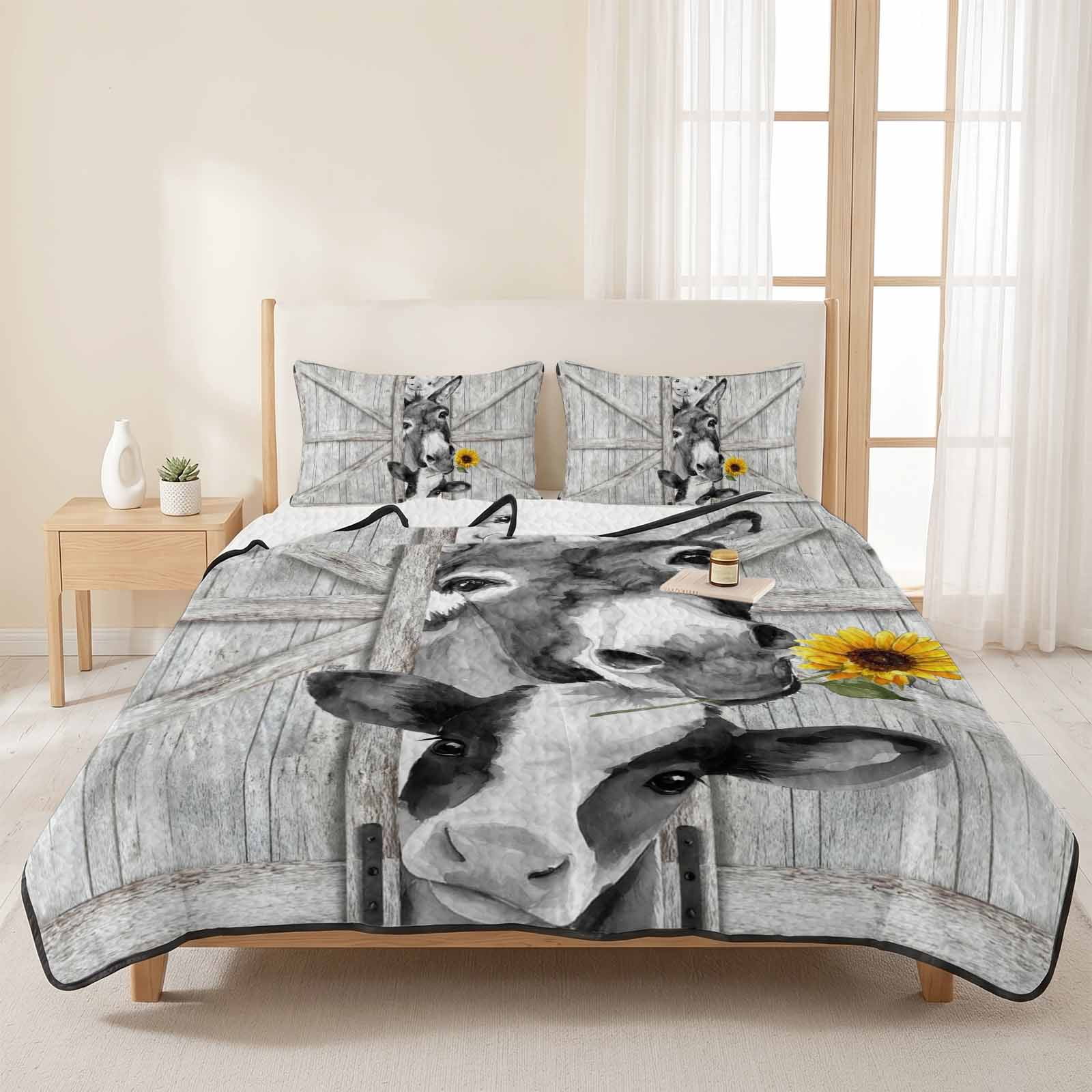 3 Pieces Queen Quilt Set,Gray Donkey Pig Cow Wood Grain Soft Bedding ...